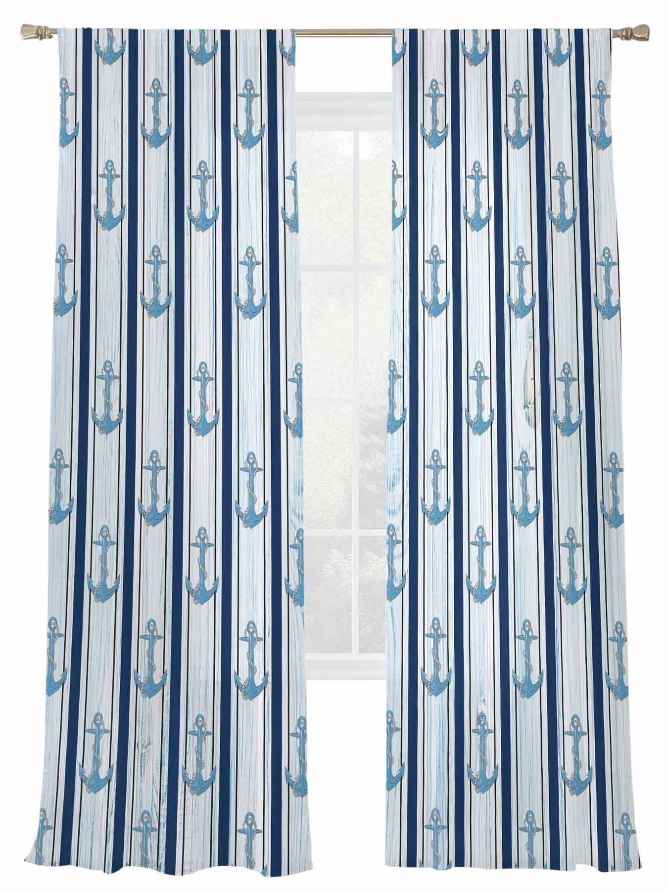 Navy Blue Anchor Nautical Sheer Curtains 108 Inch Length 2 Panels Set ...
