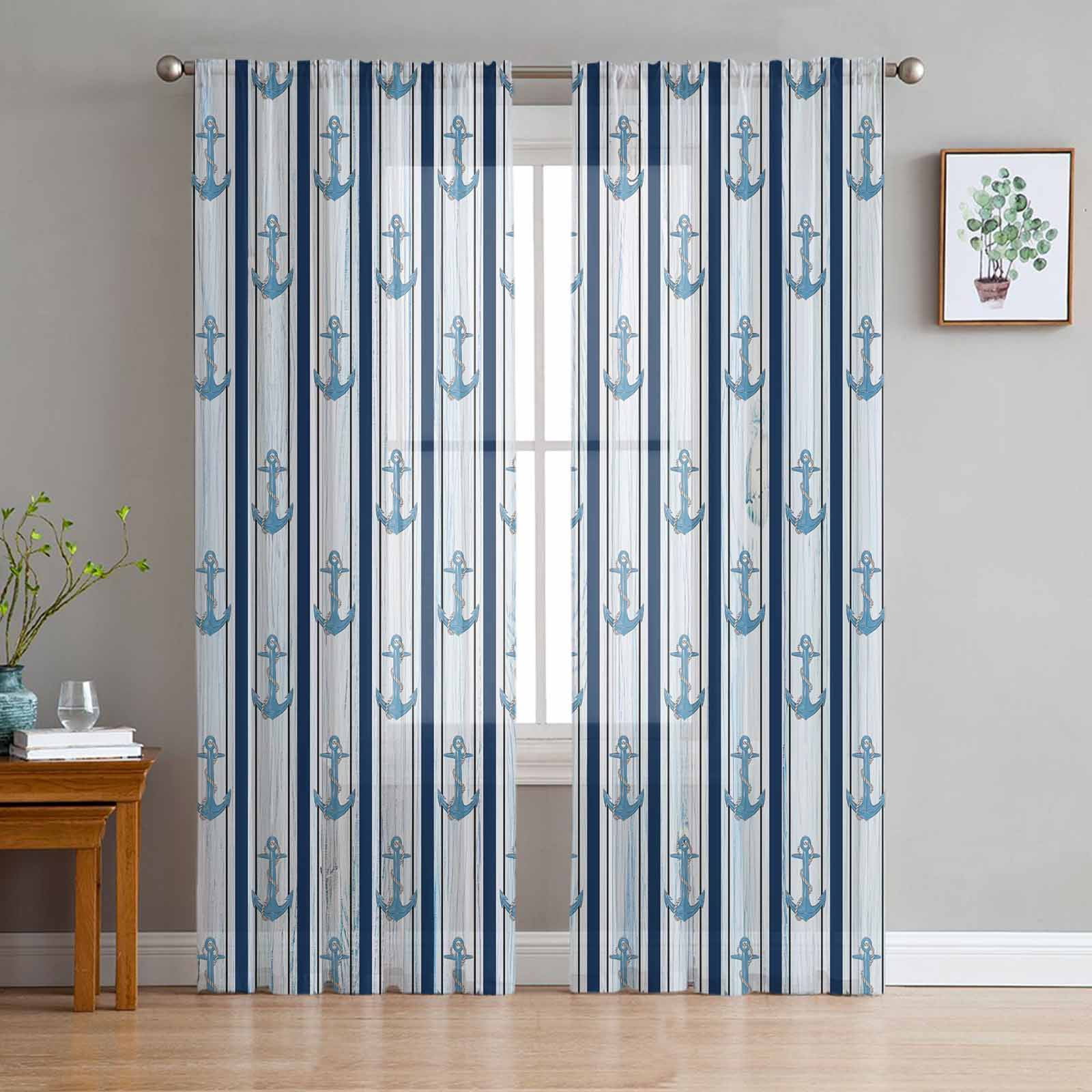 Navy Blue Anchor Nautical Sheer Curtains 84 Inch Length 2 Panels Set ...