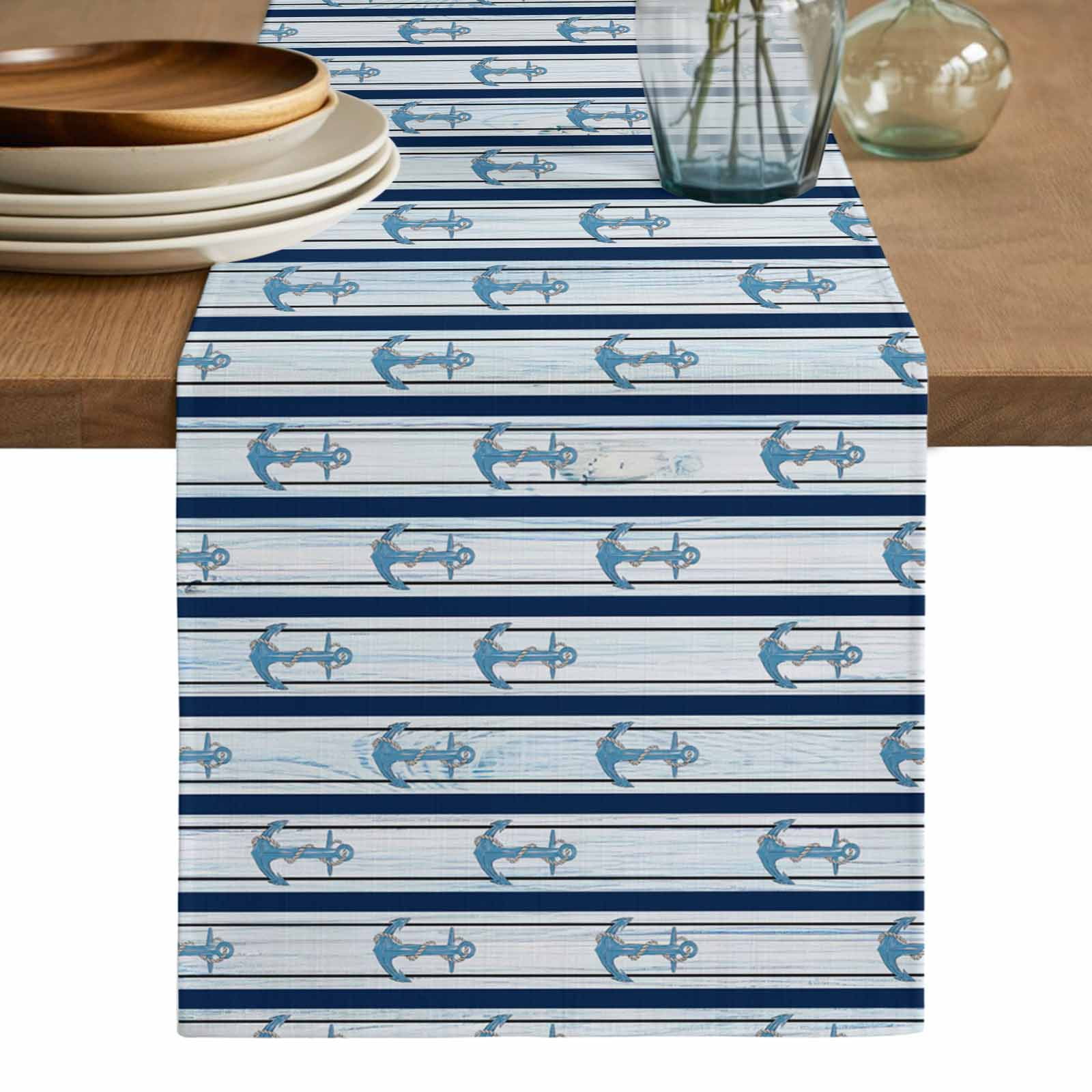 Navy Blue Anchor Nautical Table Runner, Blue Coastal Ocean Washable ...