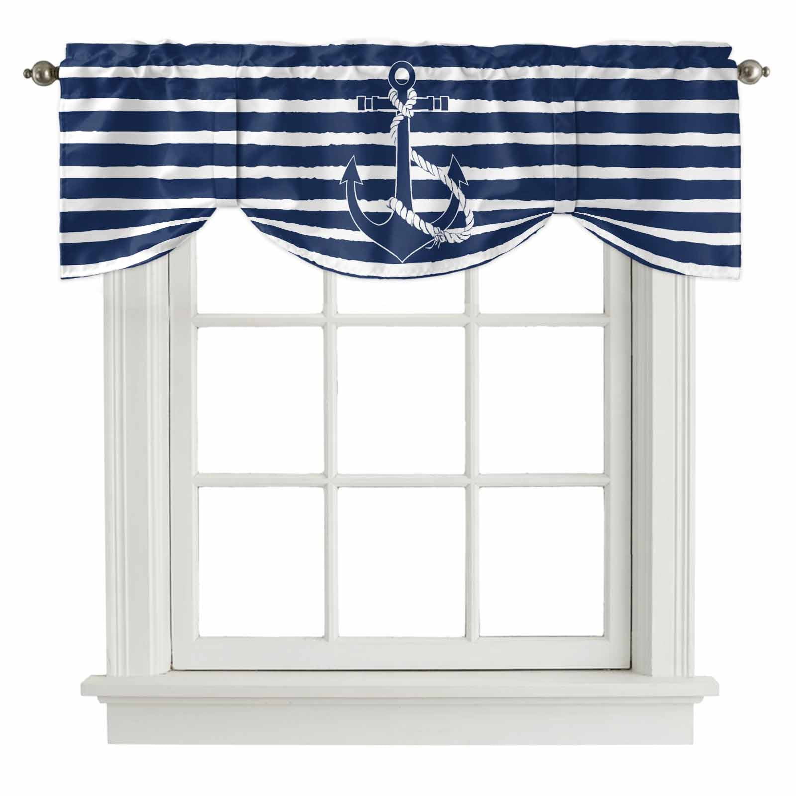 Navy Blue Anchor Nautical Tie Up Valance Curtains for Windows, Kitchen ...