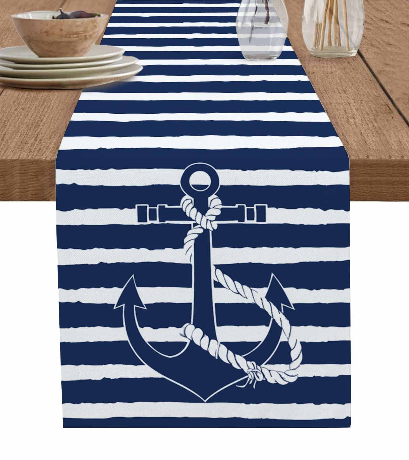 Navy Blue Anchor Table Runner 72 Inches, Nautical White Horizontal ...