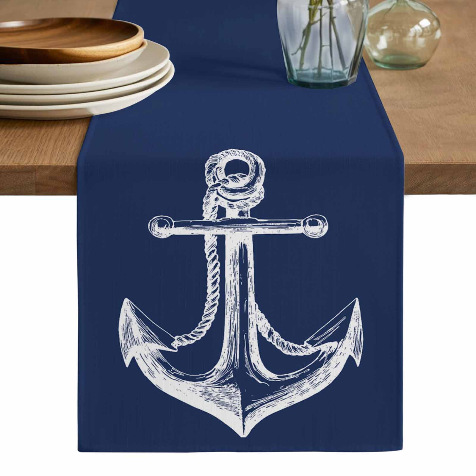 Navy Blue Anchor Table Runner, Coastal Nautical Marine Minimalist ...
