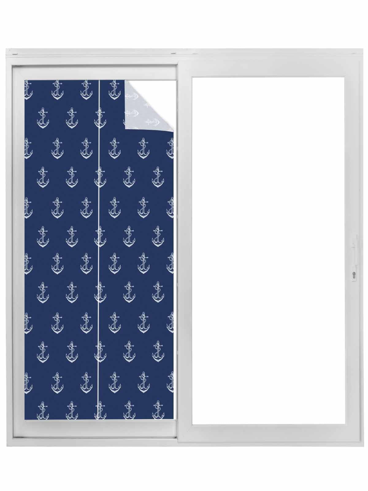 Navy Blue Anchor Window Privacy Film, Nautical Coastal Summer Ocean ...