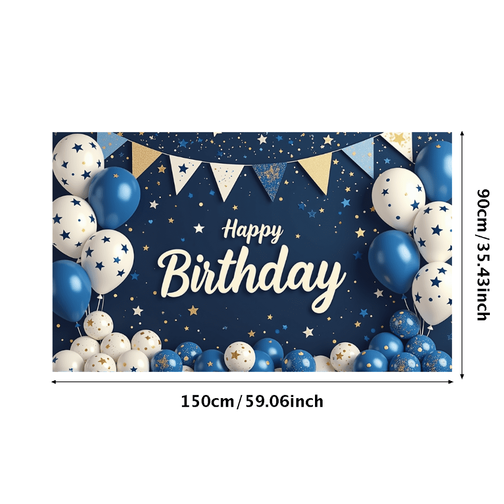 Navy Blue Backdrop with Golden Stars and Balloons Happy Birthday Banner ...