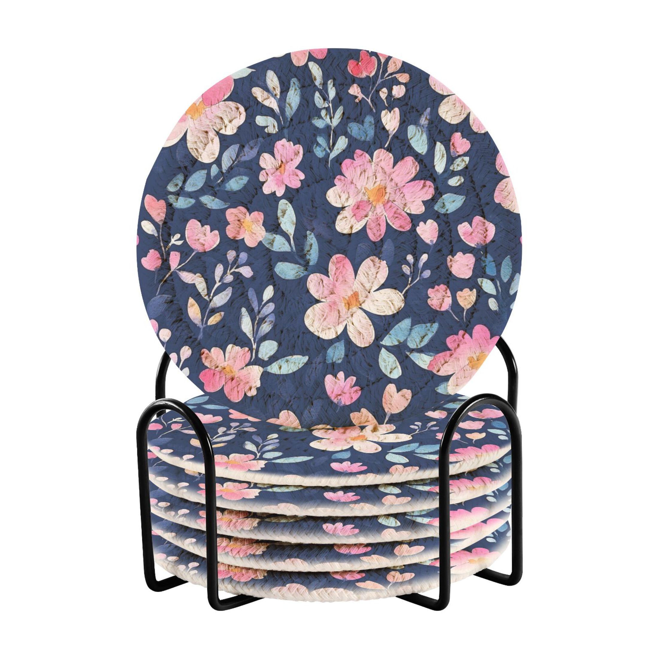 Navy Blue Background with Pink Flowers Drink Coasters with Holder ...