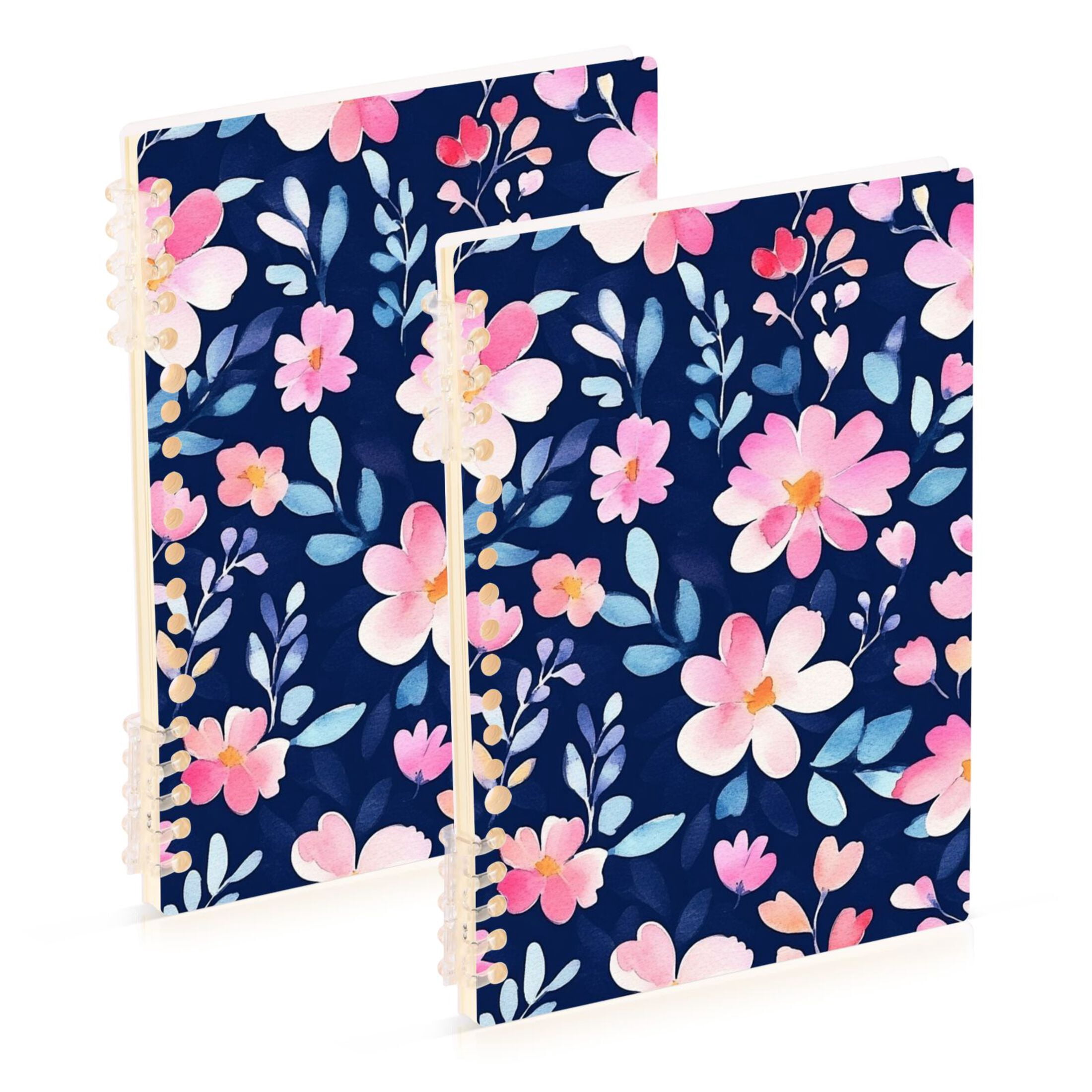 Navy Blue Background with Pink Flowers Lined Spiral Journal Notebook 60 ...
