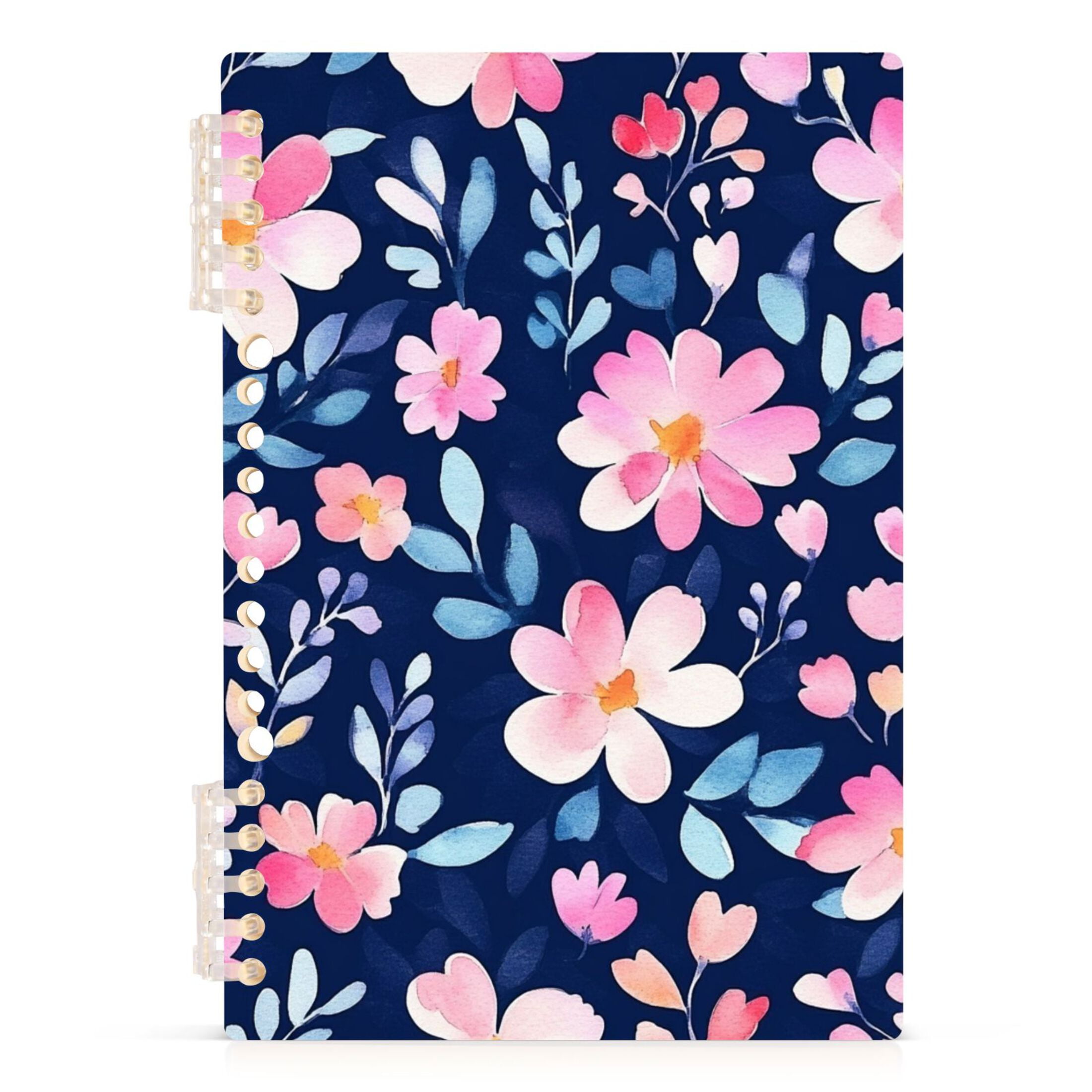 Navy Blue Background with Pink Flowers Lined Spiral Journal Notebook 60 ...