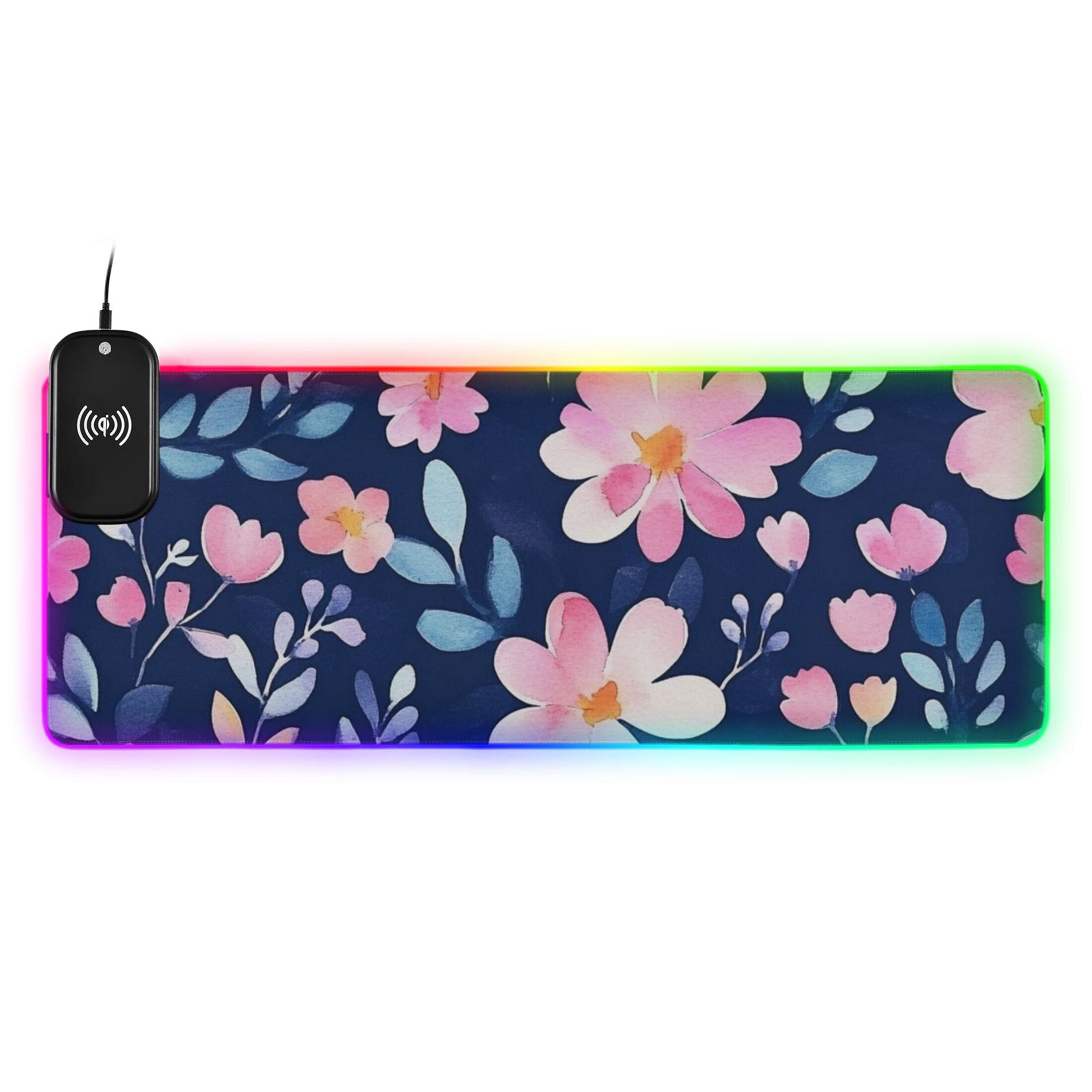 Navy Blue Background with Pink Flowers Wireless Charging RGB Gaming ...