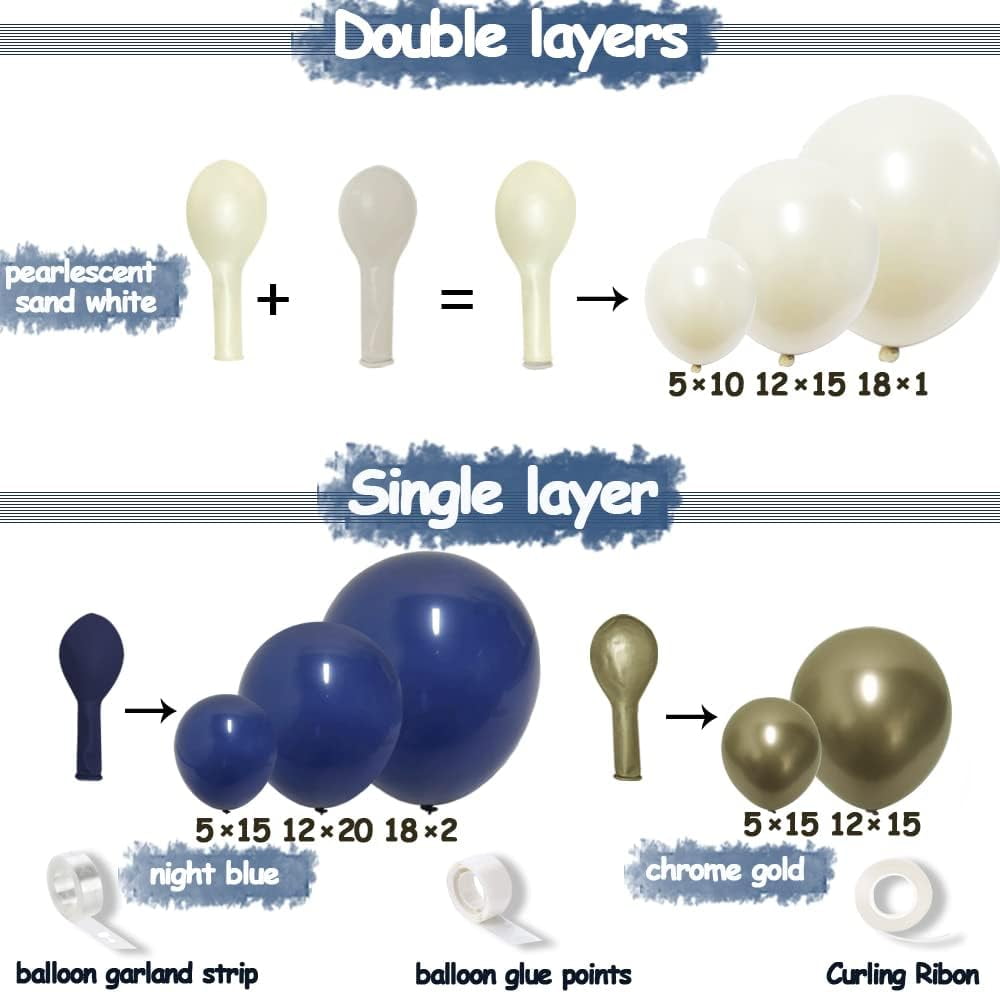 Navy Blue Balloon AJH3 Garland - Double Stuffed Pearl White Royal Blue Balloons Dark Navy Gold ...