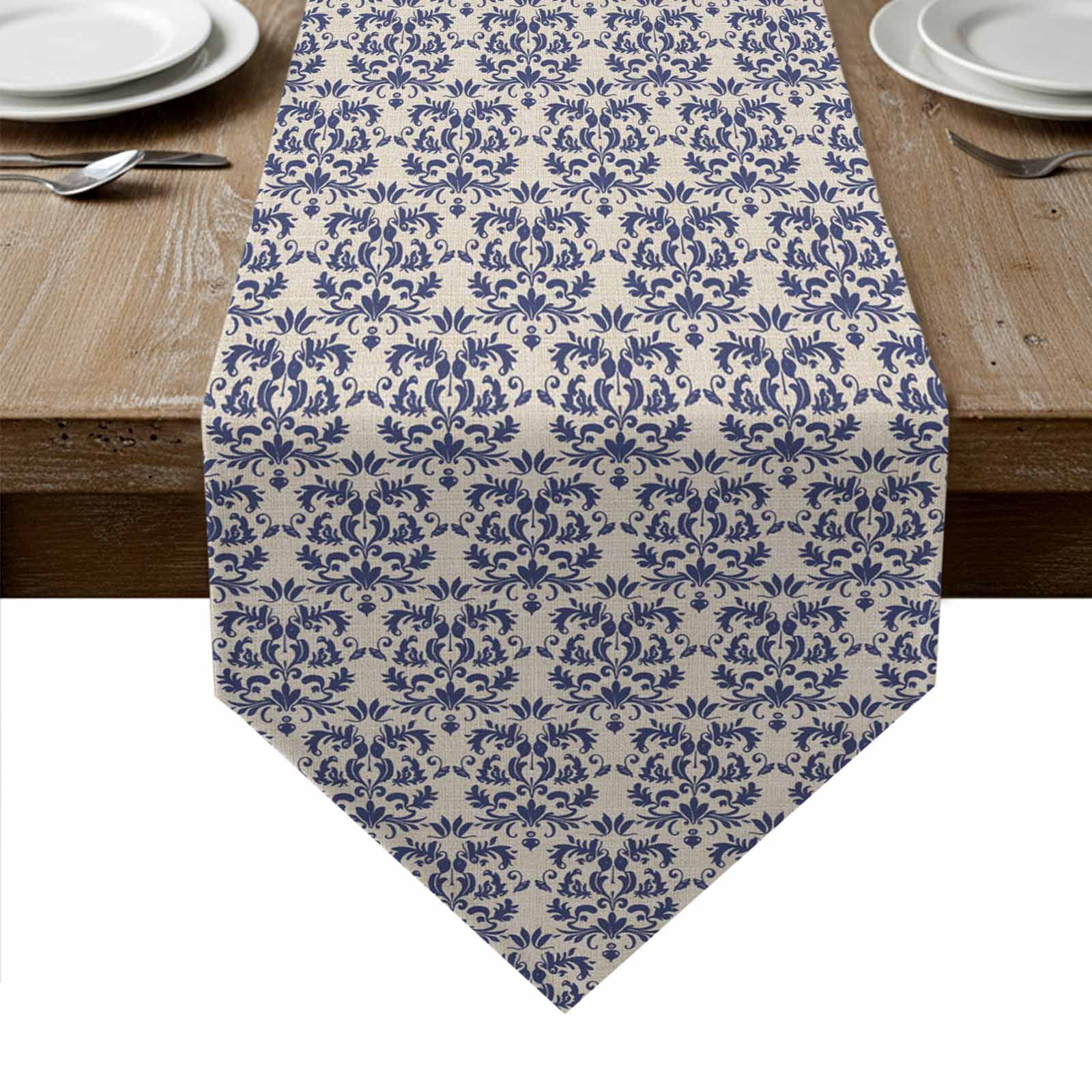 Navy Blue Baroque Table Runner Linen Burlap Table Runner 70 Inches Long ...