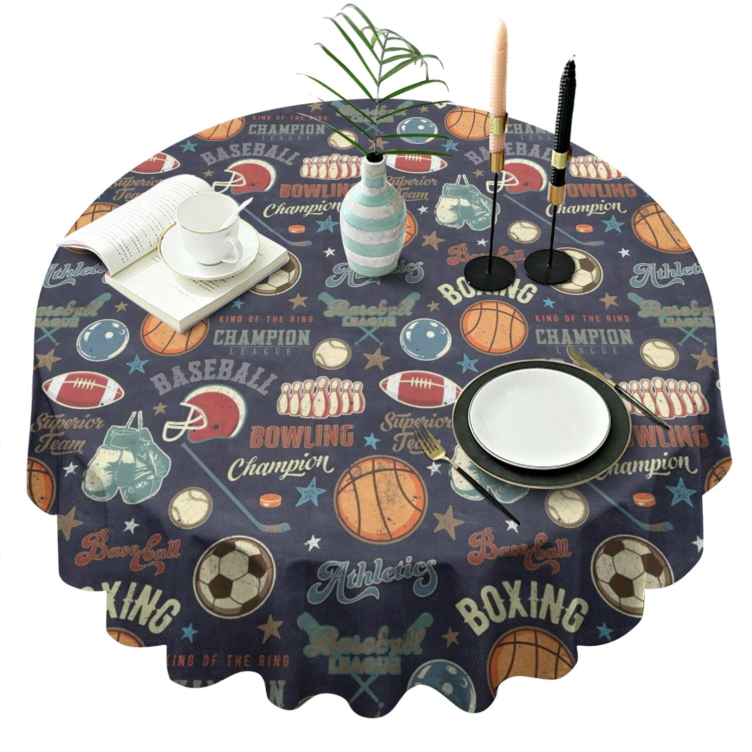 Navy Blue Baseball Football Pattern Round Tablecloth 60"x60",Wrinkle ...