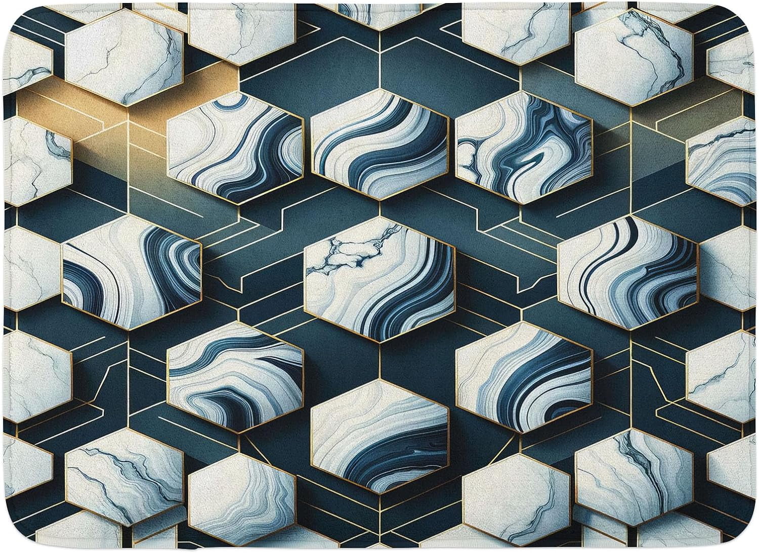 Navy Blue Bath Mat, Abstract Modern Print Honeycomb Marble with Golden ...
