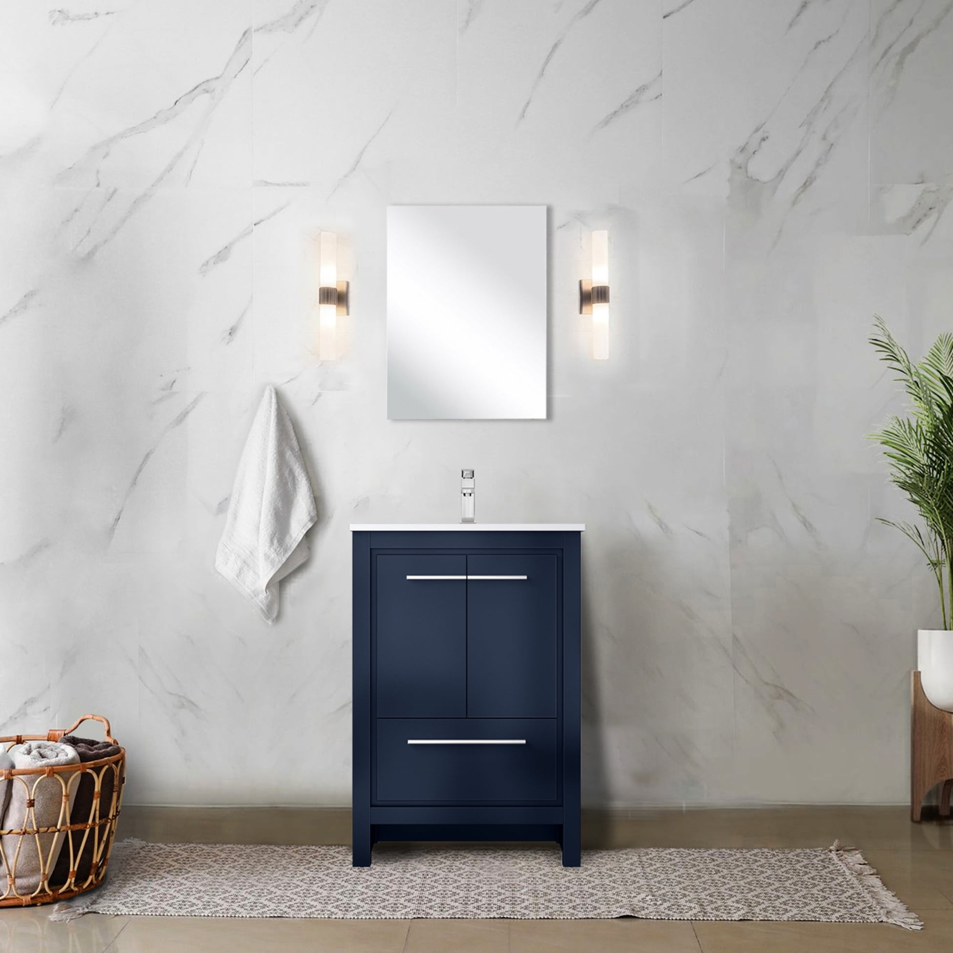 Navy Blue Bath Vanity 24" W X 20" D With Marble Top, Faucet, 18" Mirror ...