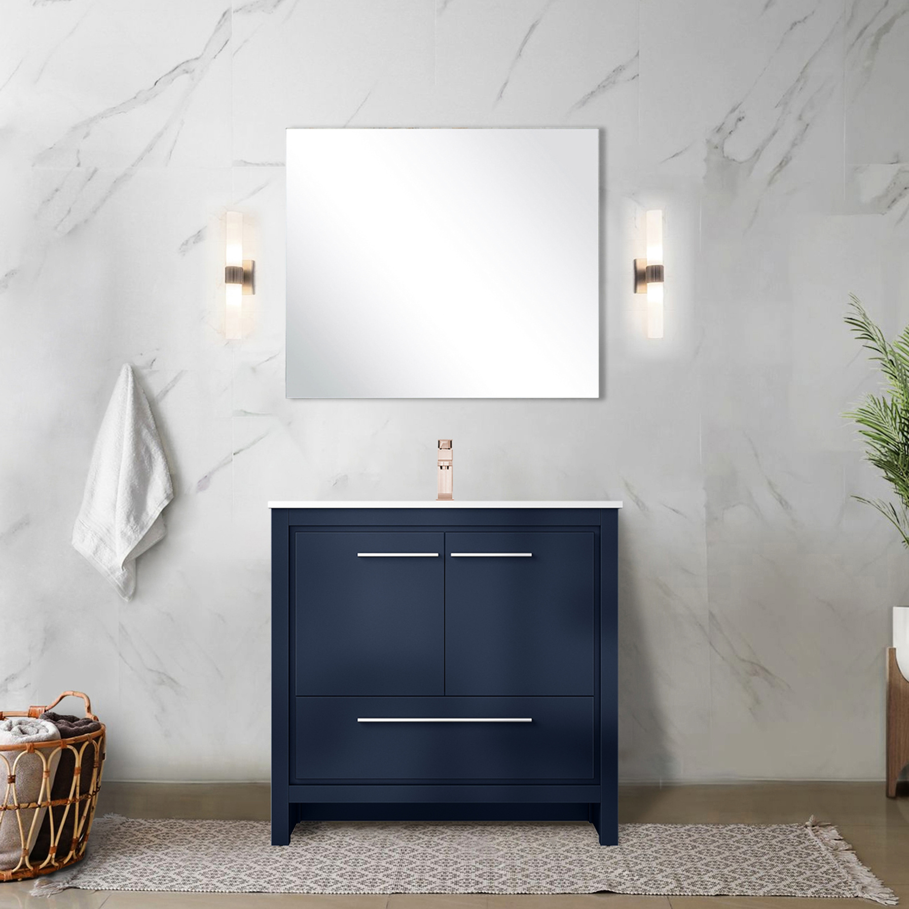 Navy Blue Bath Vanity 36 In. W X 20 D, White Quartz Top And Rose Gold ...