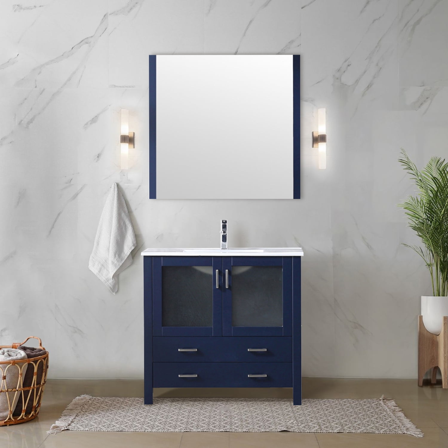 Navy Blue Bath Vanity 36 in. W x 18.25 in. D, White Ceramic Top, Faucet ...