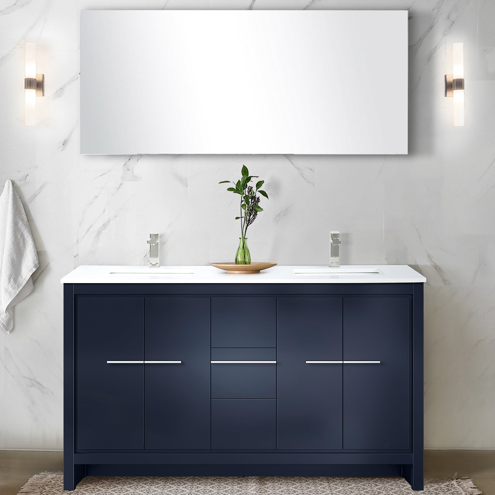 Navy Blue Bath Vanity 60 In. W X 20 D, White Quartz Top, 55 Mirror ...