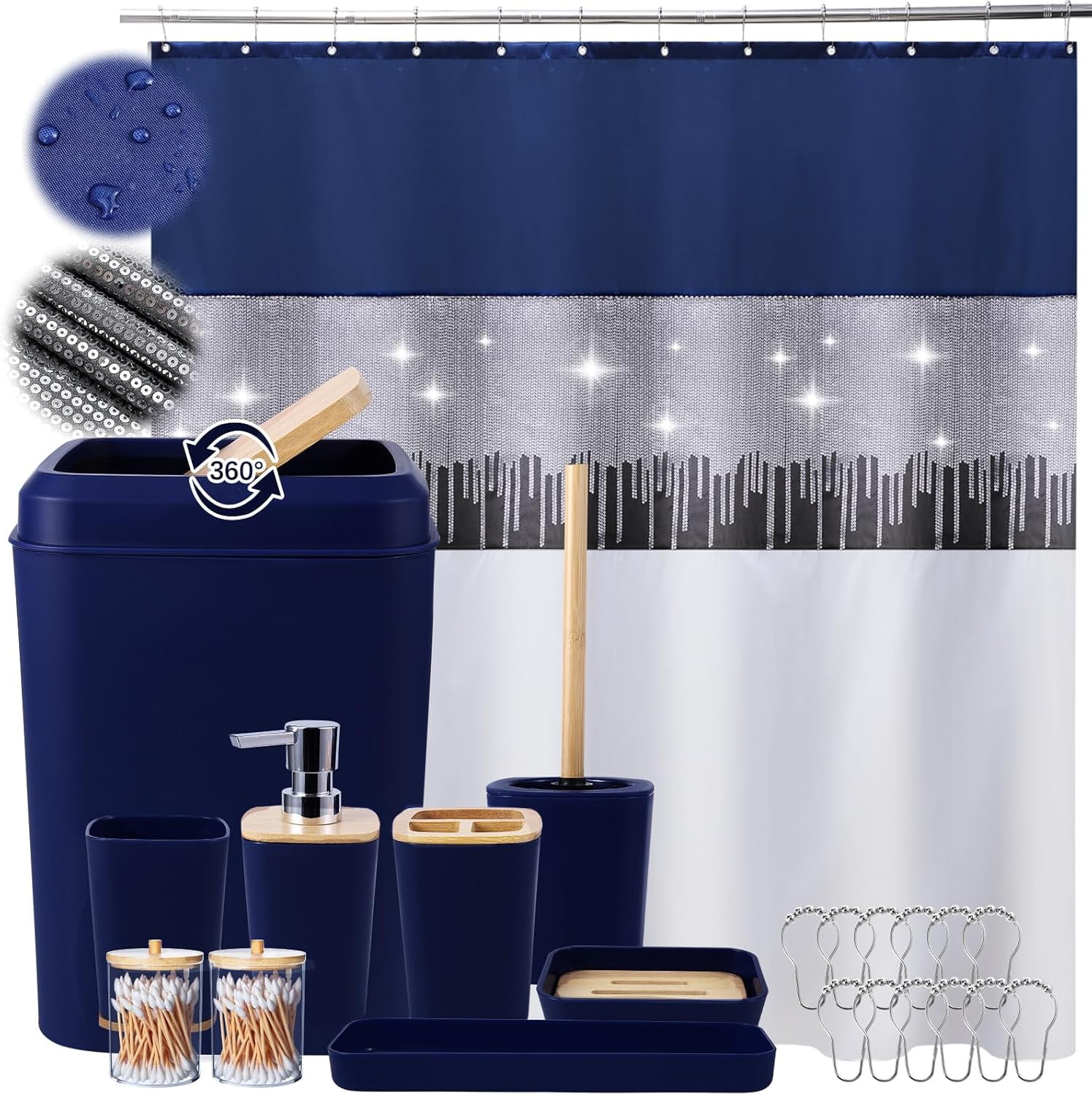 Navy Blue Bathroom Accessories with Glitter Shower Curtain,10 Piece ...