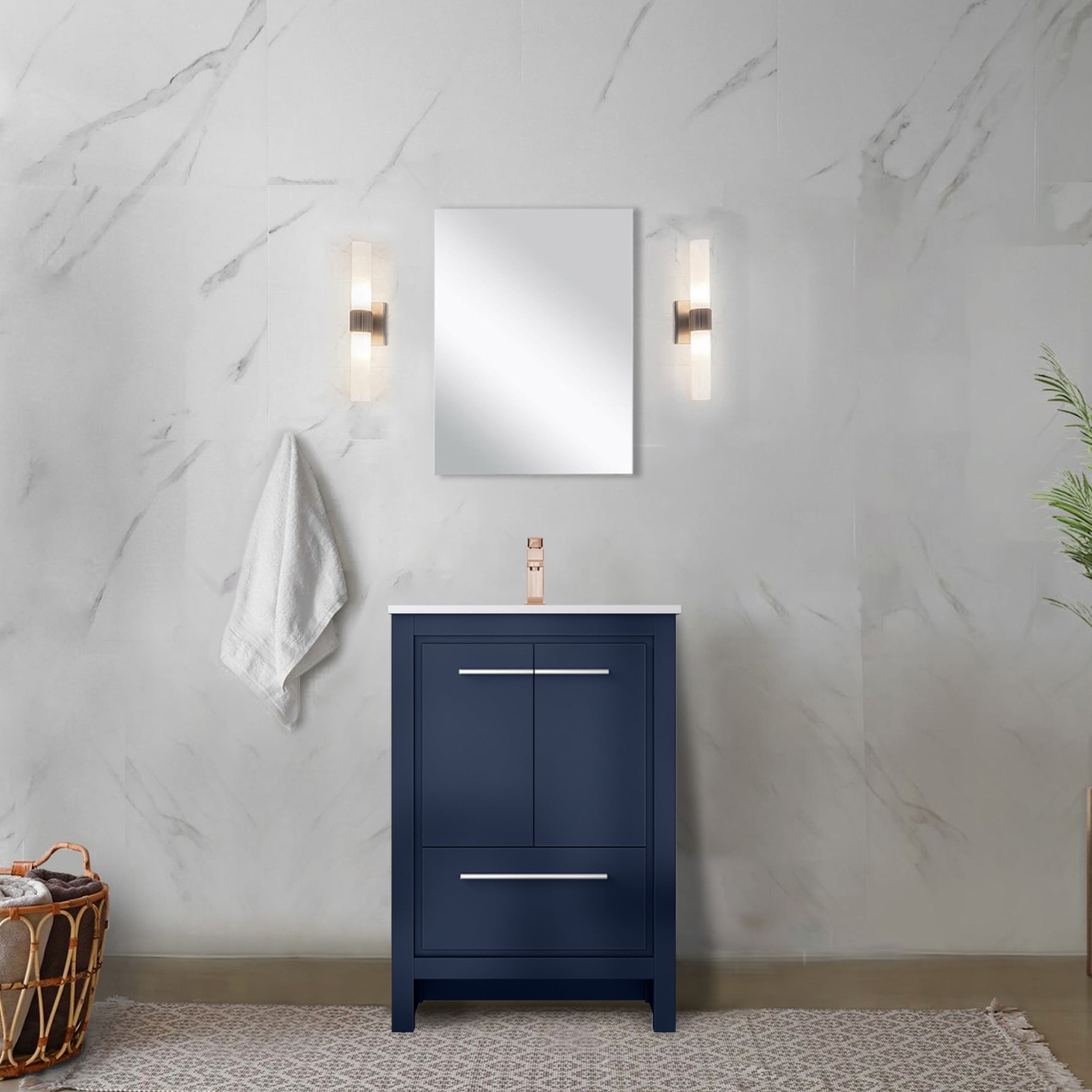Navy Blue Bathroom Vanity 24 In. W X 20 D, White Quartz Top With Rose Gold Faucet, 18 Mirror ...