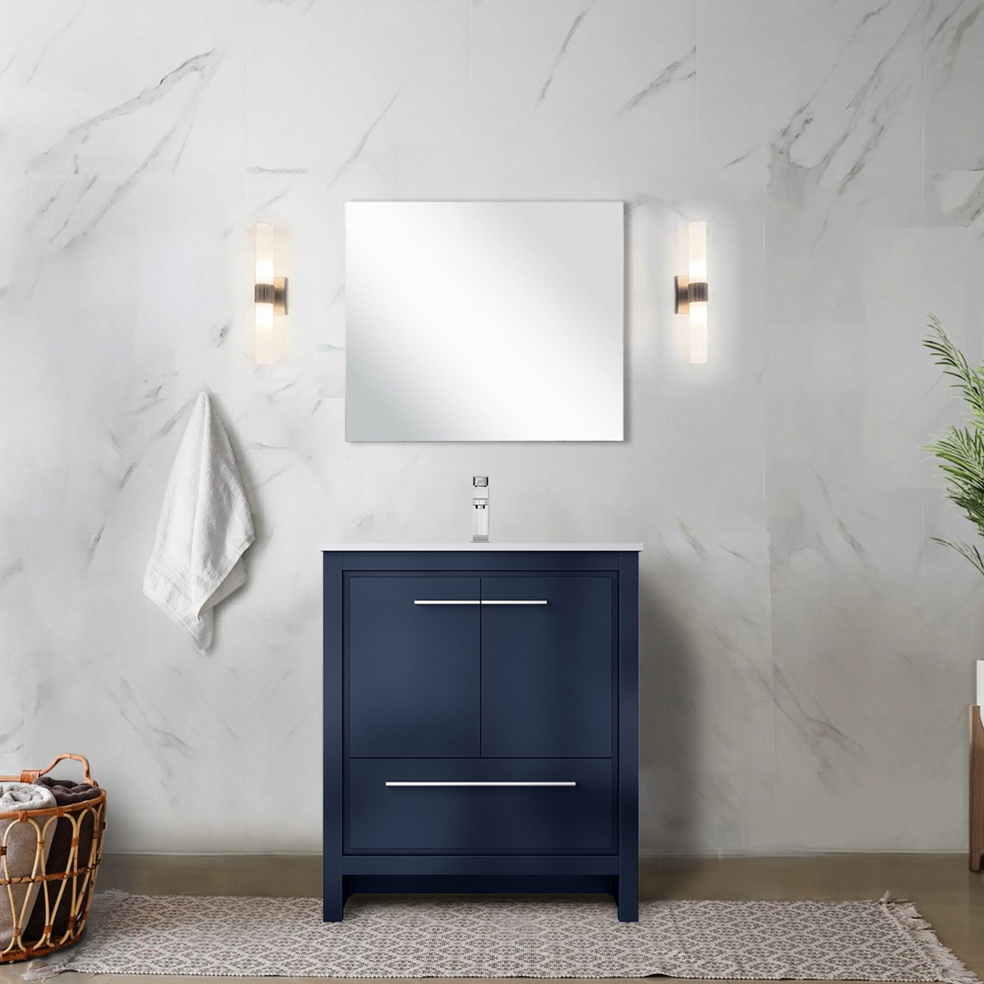 Navy Blue Bathroom Vanity 30 In. W X 20 D, Marble Top With Scratch And ...