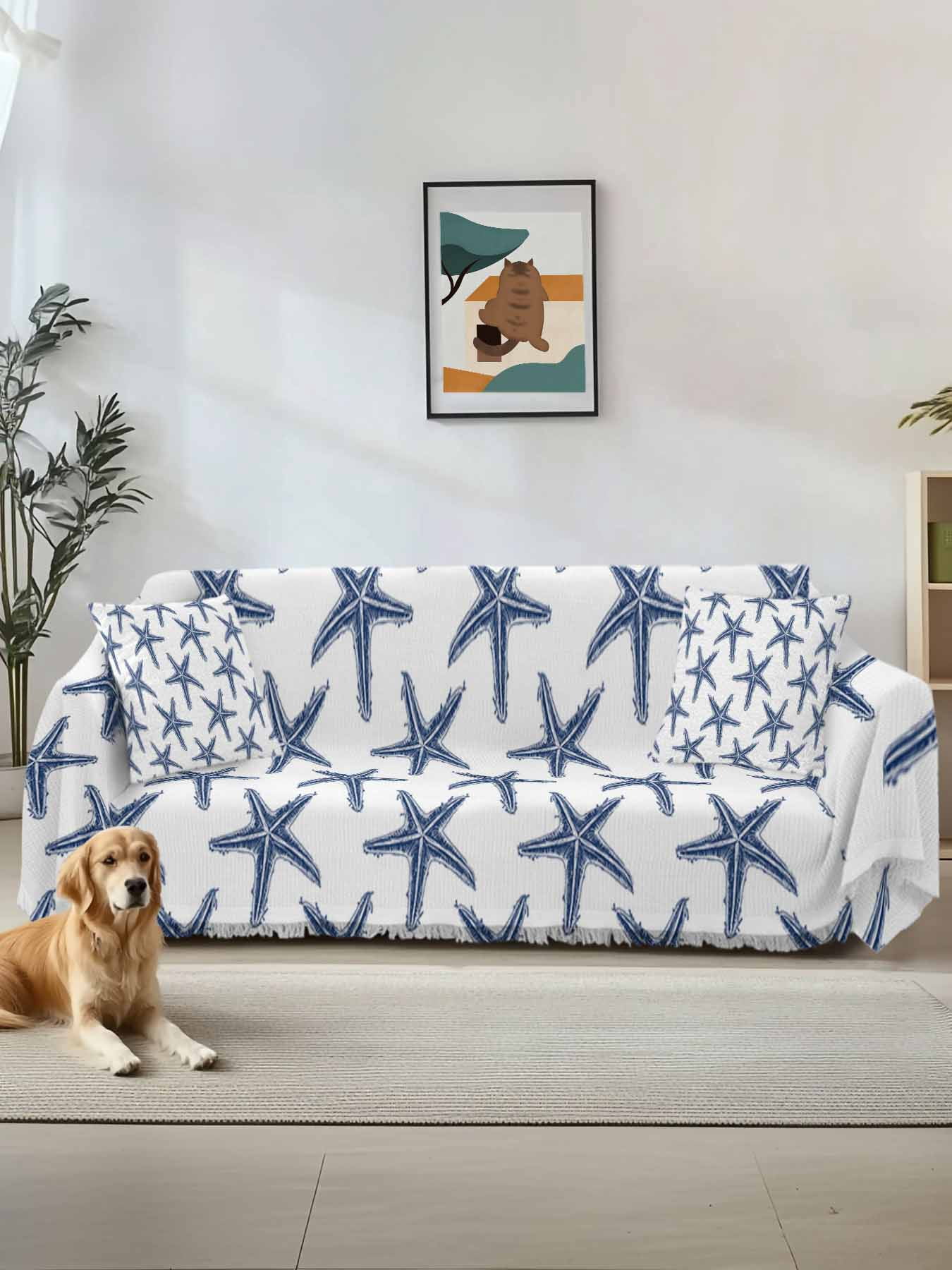 Navy Blue Beach Starfish Couch Cover for 2 Cushion Sofa, Summer Ocean ...