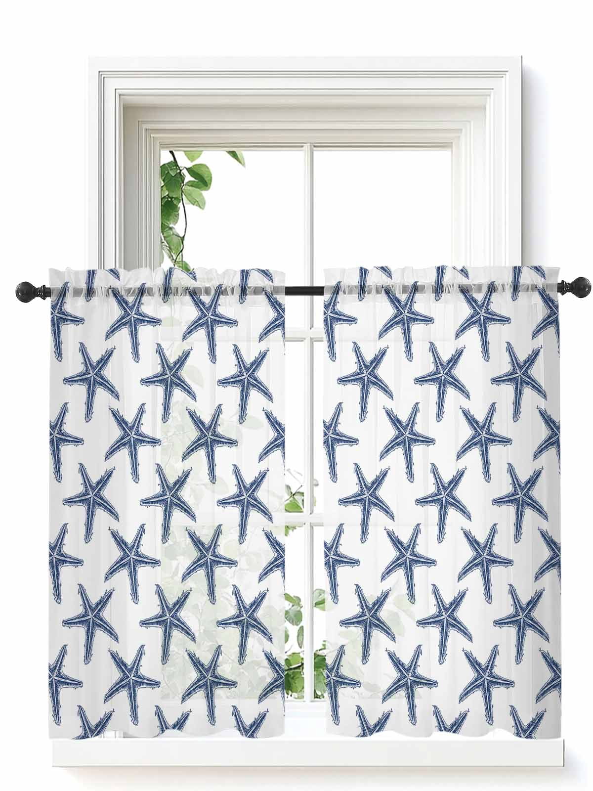 Navy Blue Beach Starfish Tier Curtains 45 Inch Length,Sheer Curtains ...