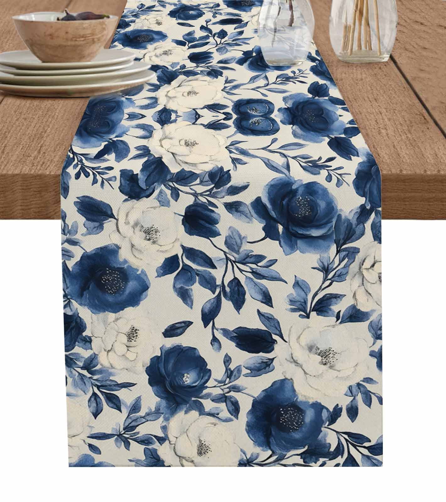 Navy Blue Beige Peony Burlap Cotton Table Runner 13x120 Inches Long, Vintage Floral Blossom ...