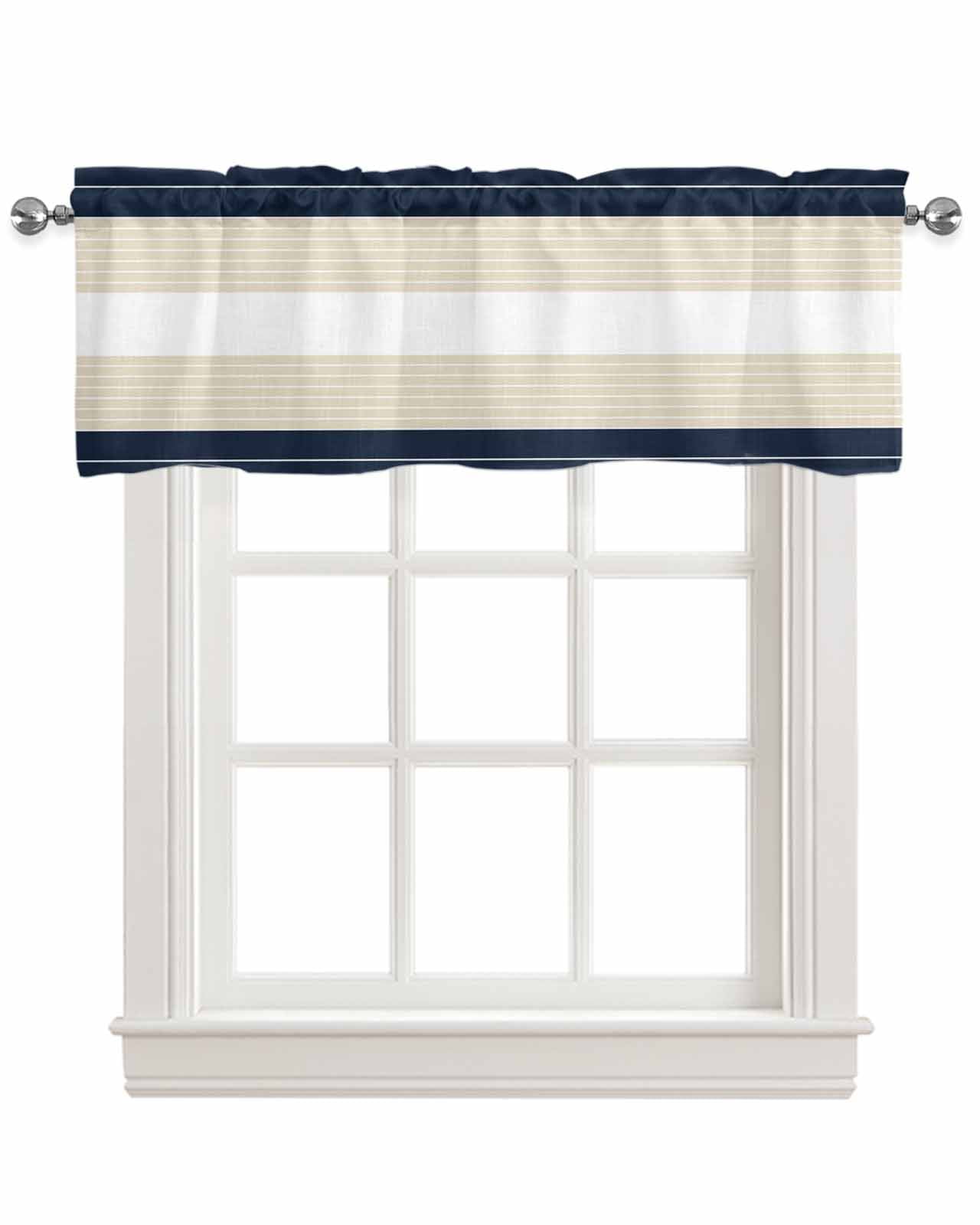 Navy Blue Beige Stripe Kitchen Valances for Windows Farmhouse Linen ...