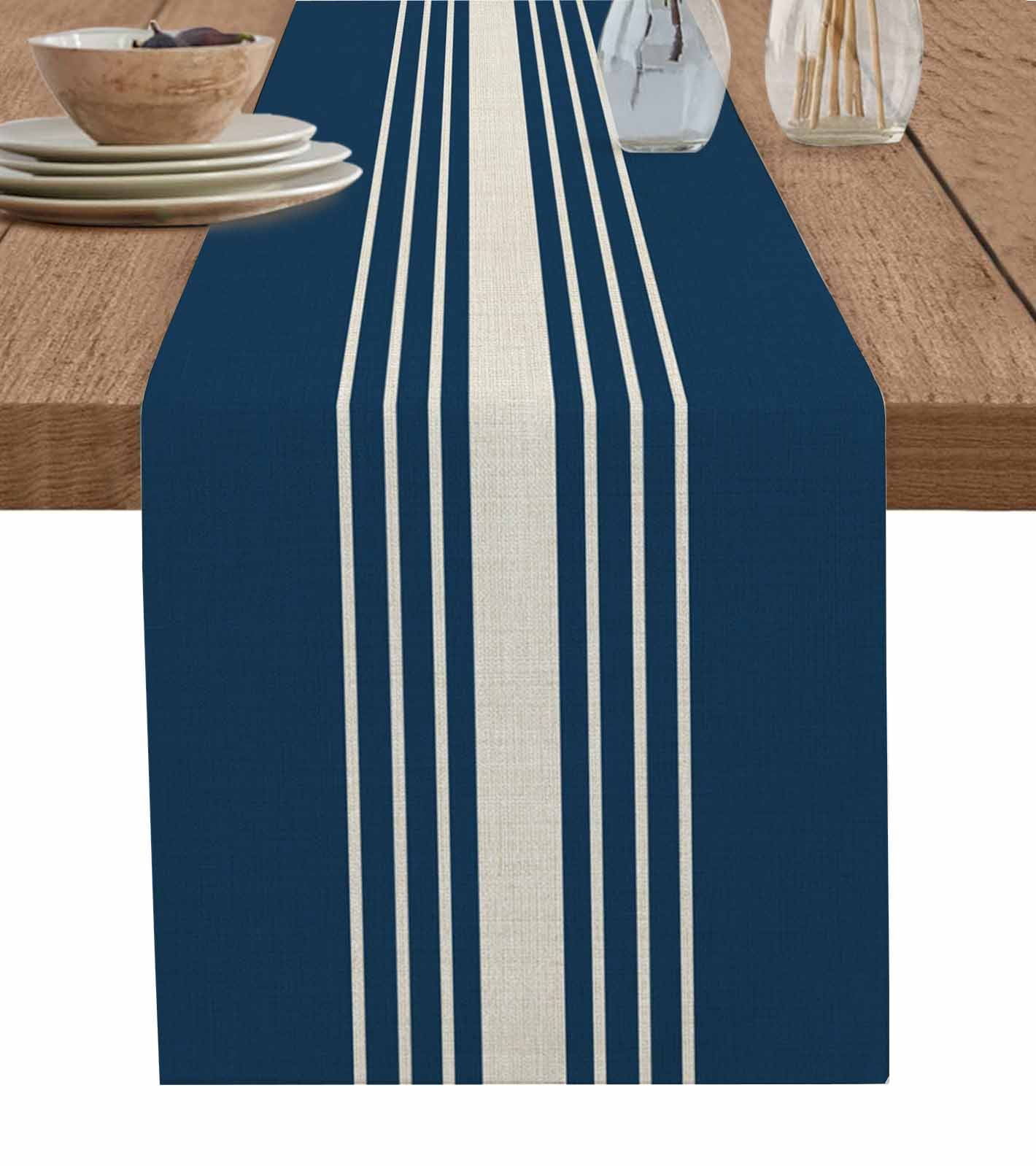 Navy Blue Beige Striped Short Table Runners 36 Inches, Cotton Linen ...