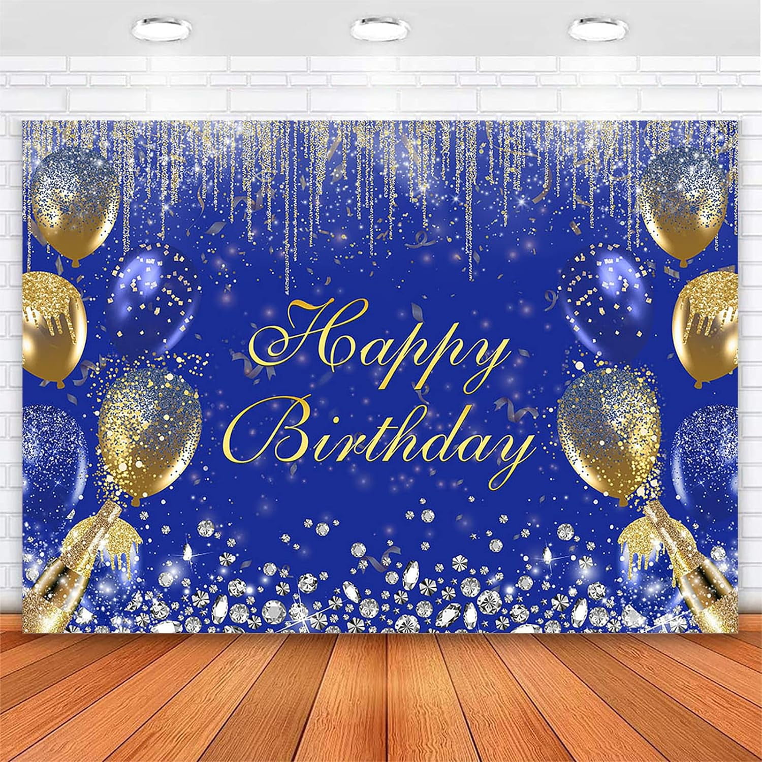 Navy Blue Birthday Backdrop Blue and Gold Birthday Backdrop for Men Boys Blue Birthday Banner ...