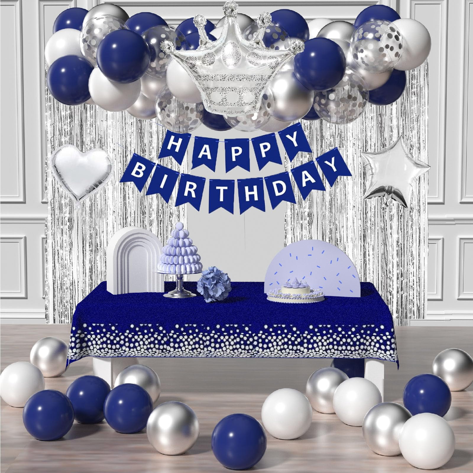 Navy Blue Birthday Party Decorations For KKS1 Men-Navy Blue White Latex ...