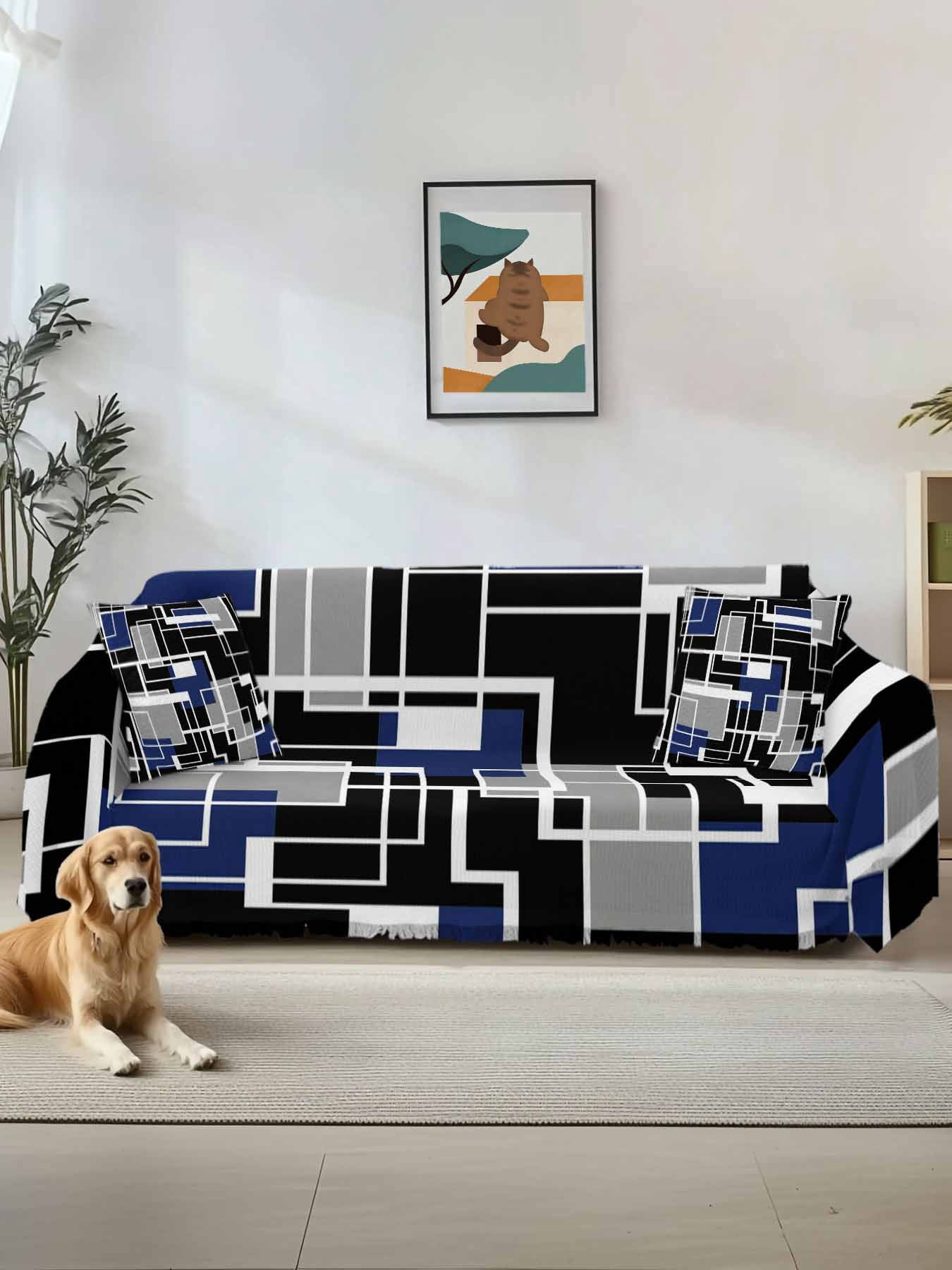 Navy Blue Black Geometric Couch Cover for 2 Cushion Sofa, Modern Color ...