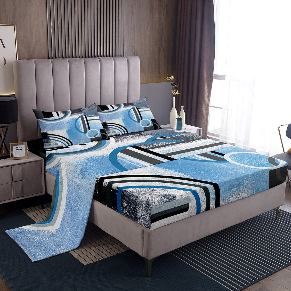 Navy Blue Black Grey Bed Sheets Set Twin,Ombre Geometric Sheet Set,Oil ...