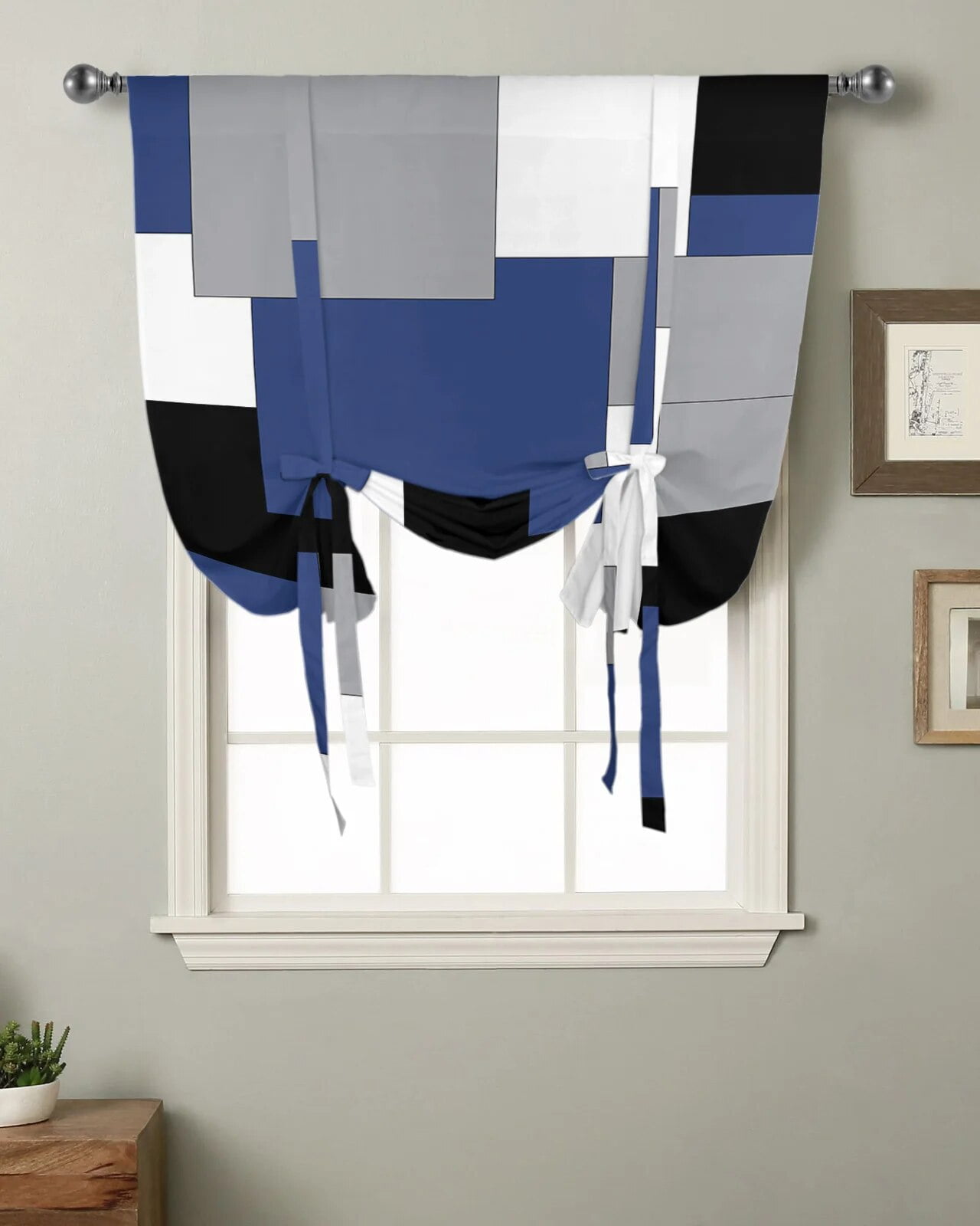 Navy Blue Black Grey Patchwork Abstract Art Kitchen Short Window ...