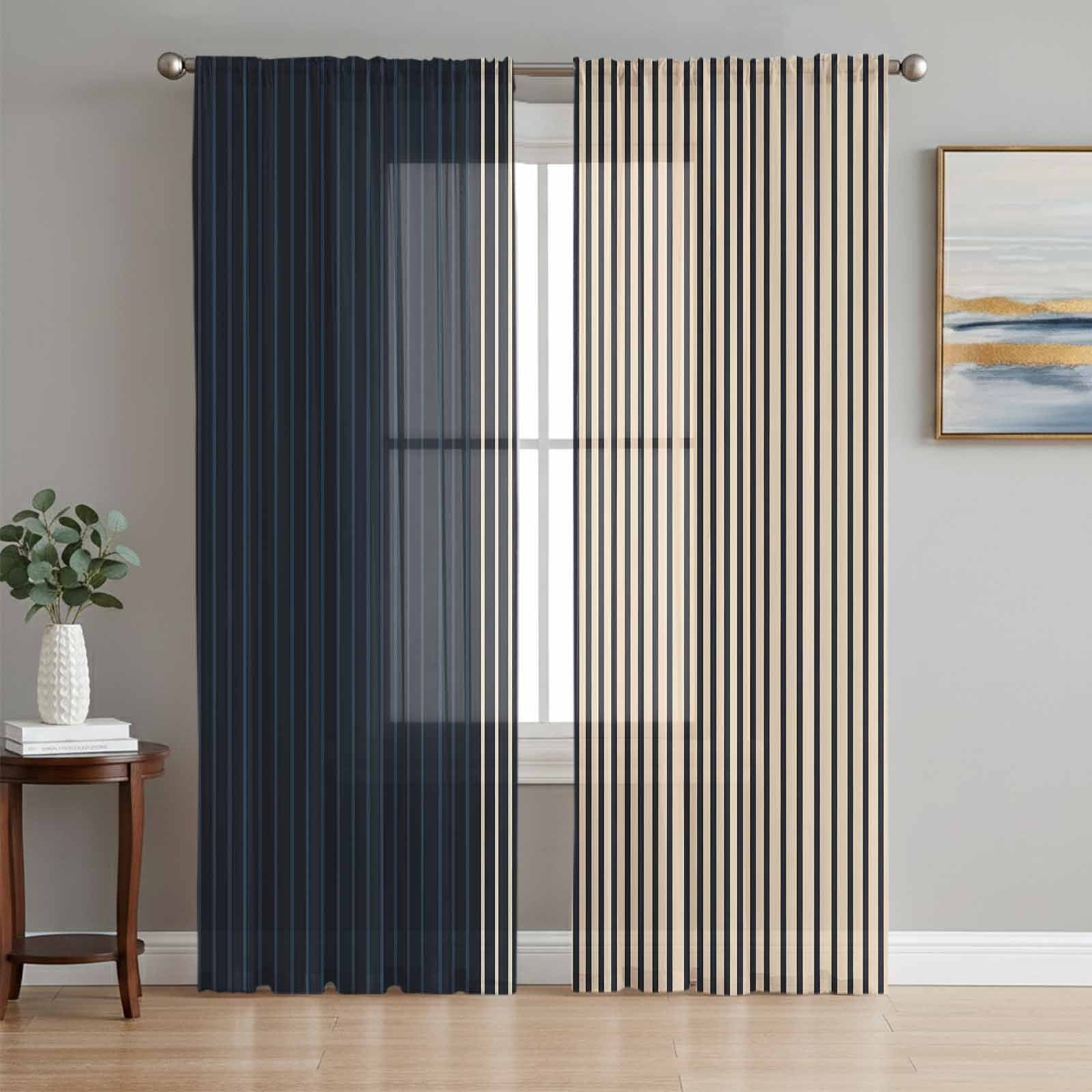 Navy Blue Black Stripe Sheer Curtains 84 Inch Length 2 Panels Set ...