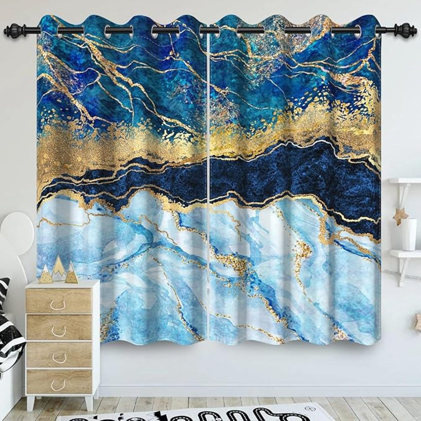 Navy Blue Blackout Curtains, Blue Abstract Marble Pattern Curtain ...