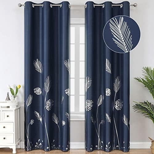 Navy Blue Blackout Curtains Silver Palm Tree Curtains Energy Saving ...