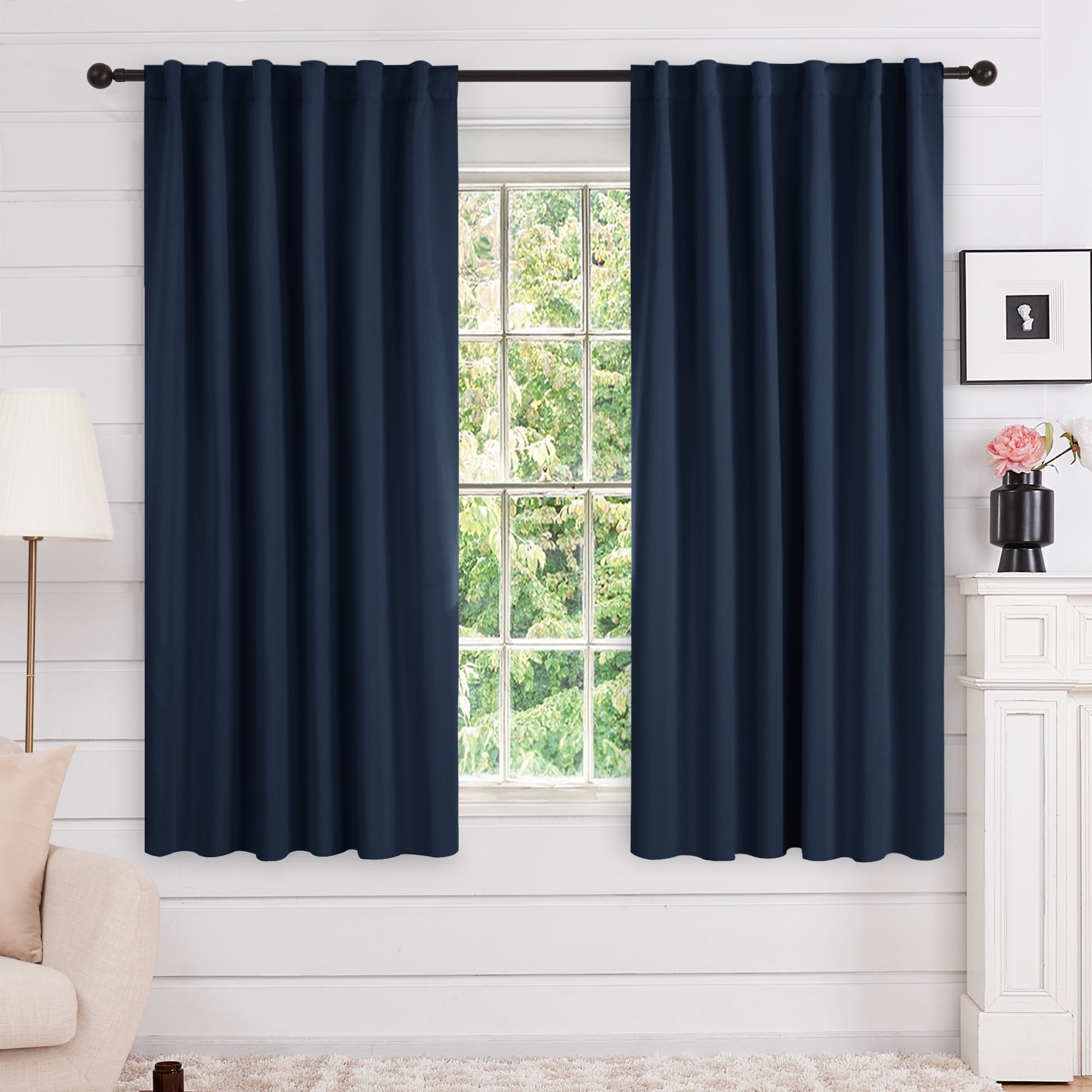 Navy Blue Blackout Curtains for Bedroom 52"x45" inch Back Tab and Rod ...