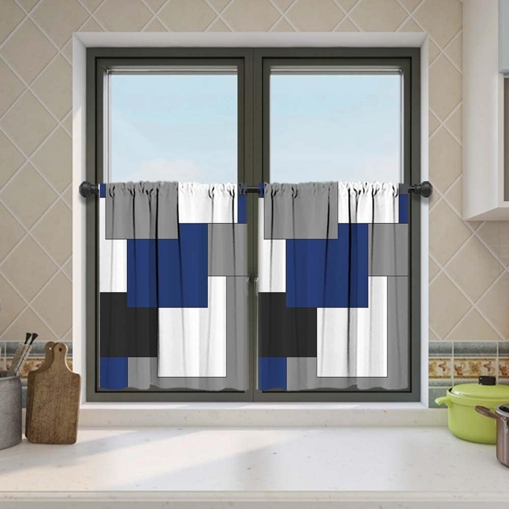 Navy Blue Blackout Kitchen Curtains Tiers Set 2 Piece for Windows Grey ...