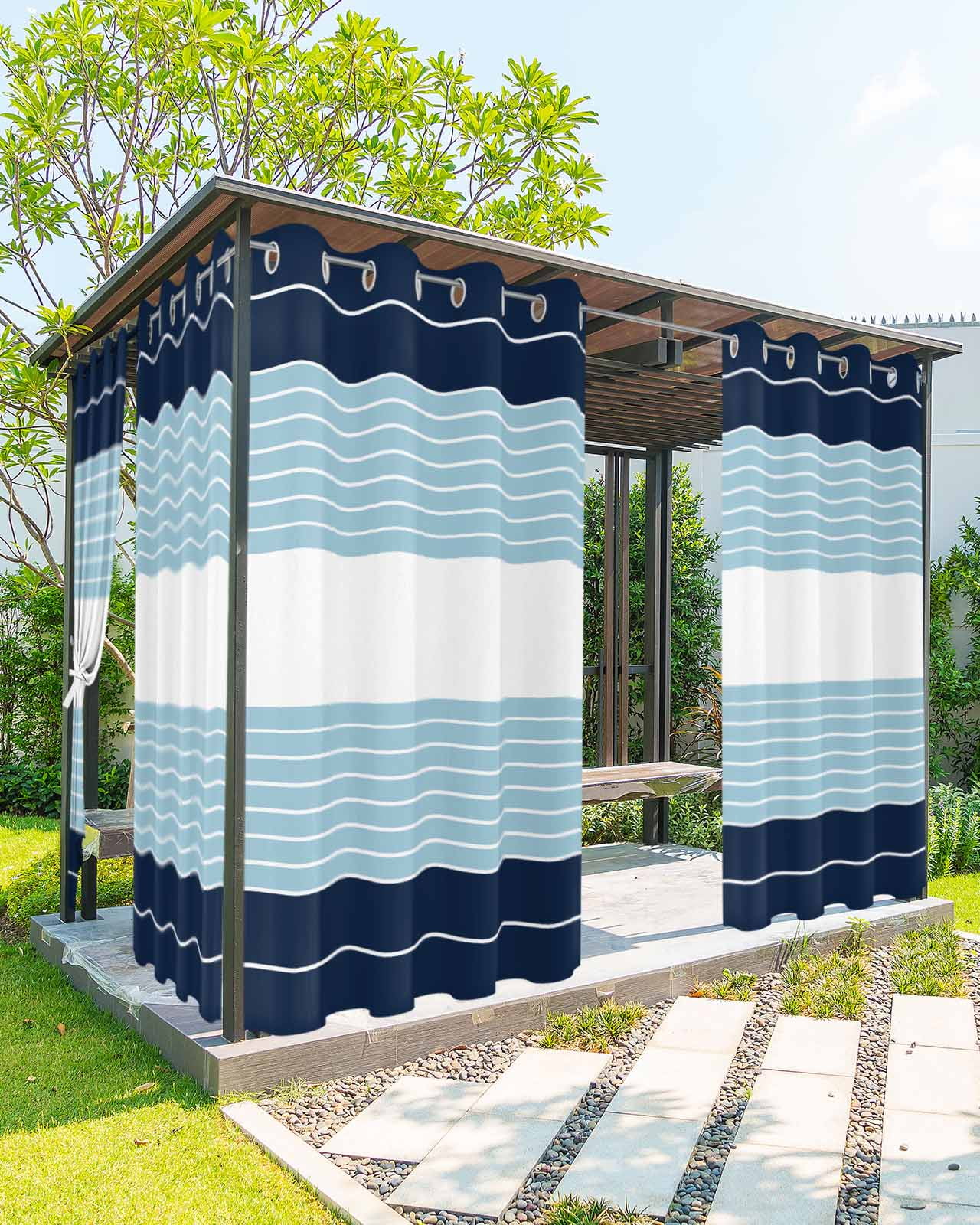Navy Blue Blue Outdoor Curtains for Patio Waterproof, Modern Geometric ...