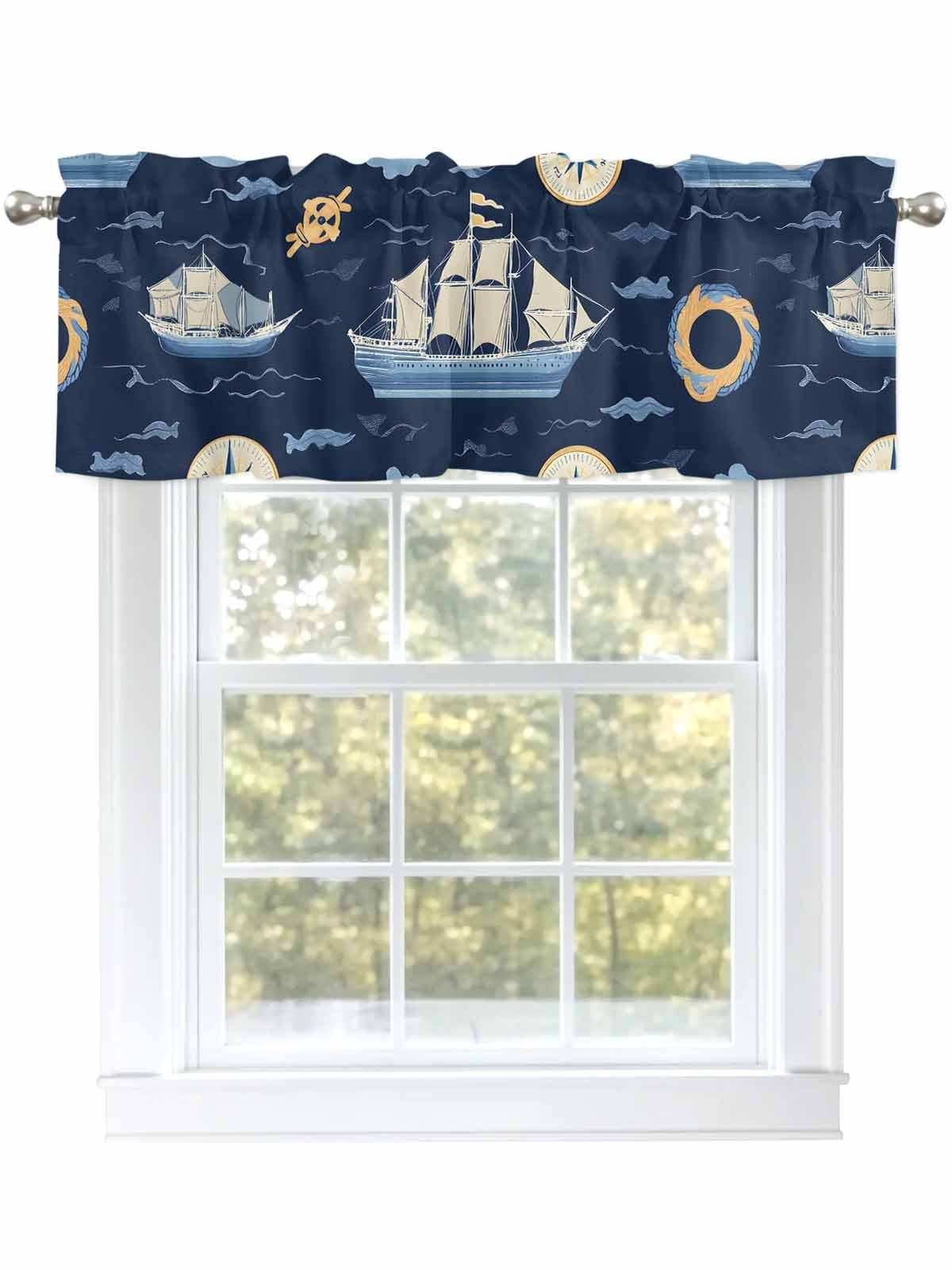 Navy Blue Boat Coastal Curtain Valances for Windows, Summer Sea Beach ...