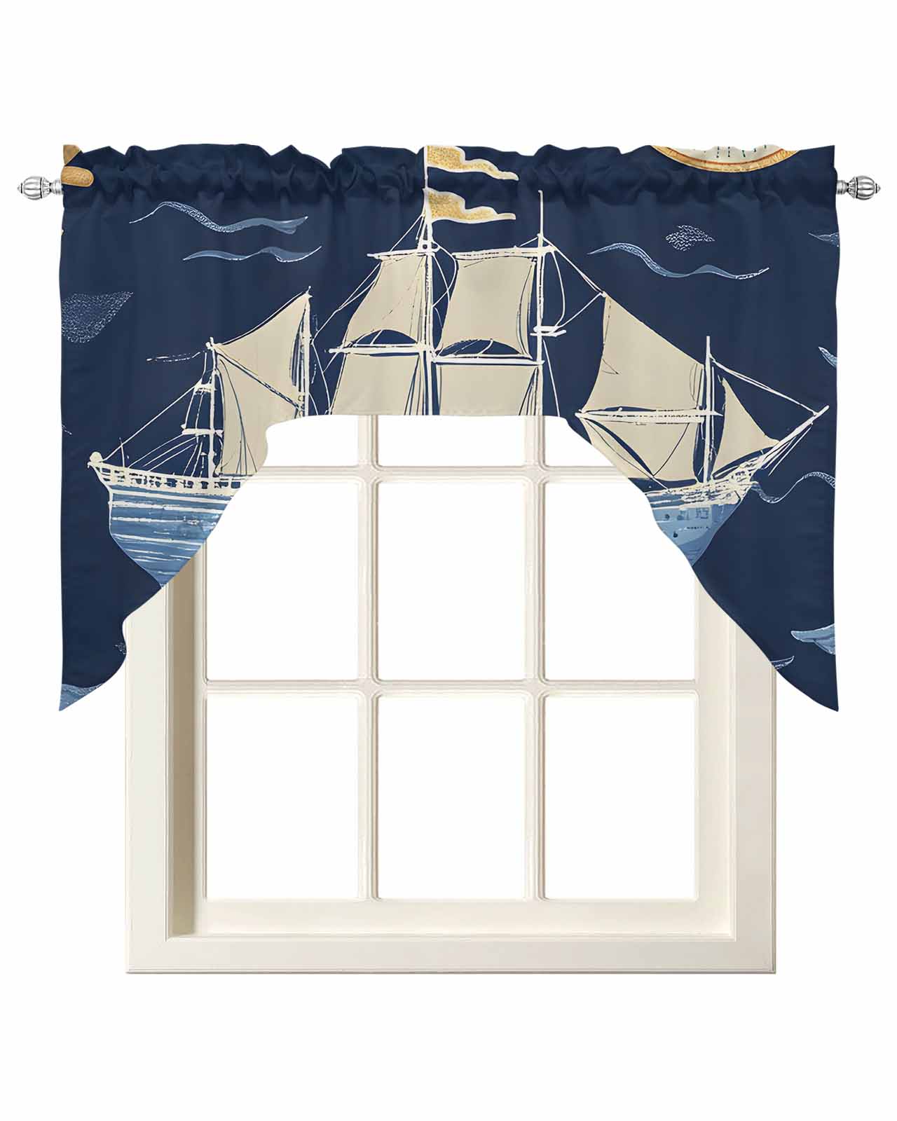 Navy Blue Boat Coastal Kitchen Swag Valances for Windows, Summer Sea ...