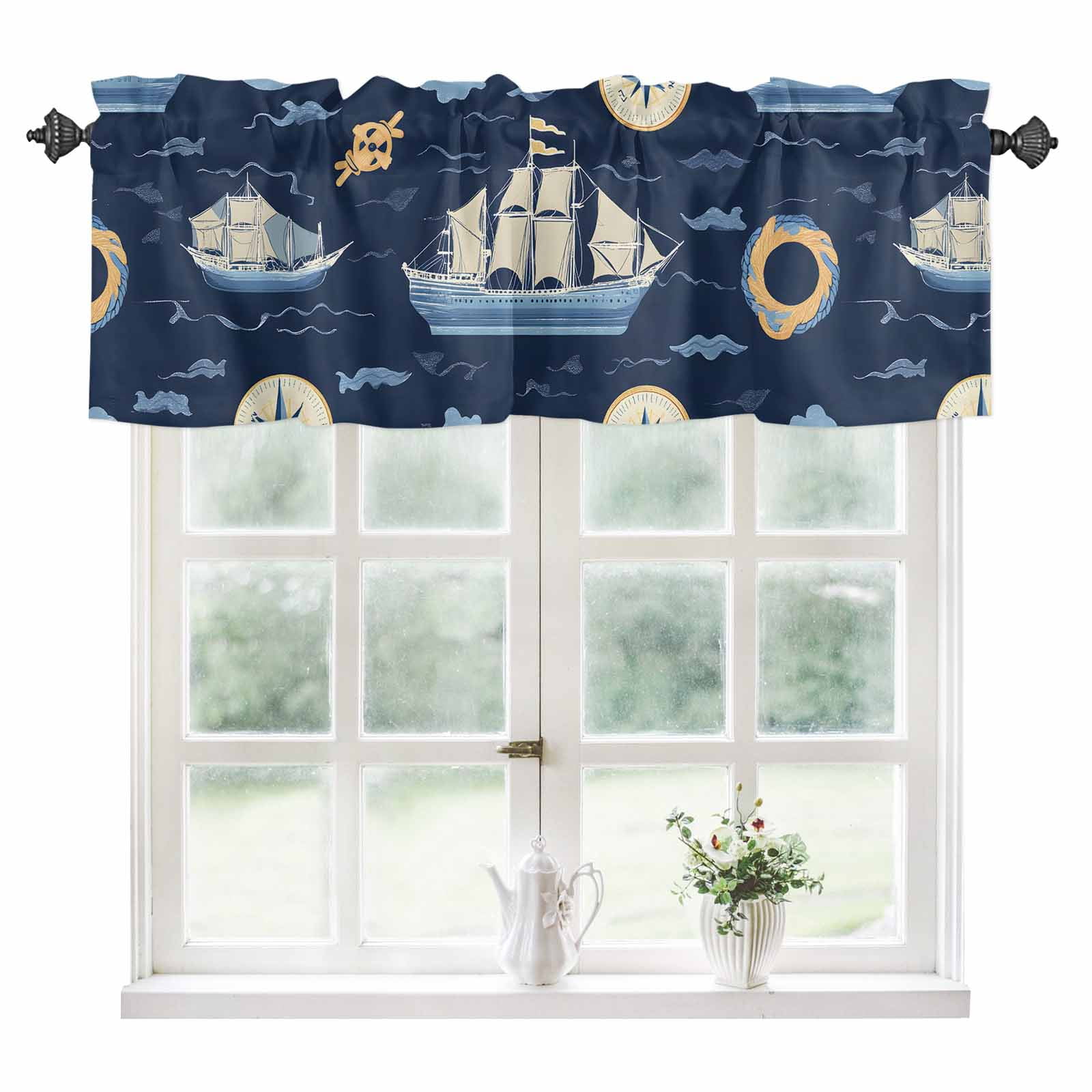 Navy Blue Boat Coastal Kitchen Valances for Windows 60x18 Inch Kitchen ...