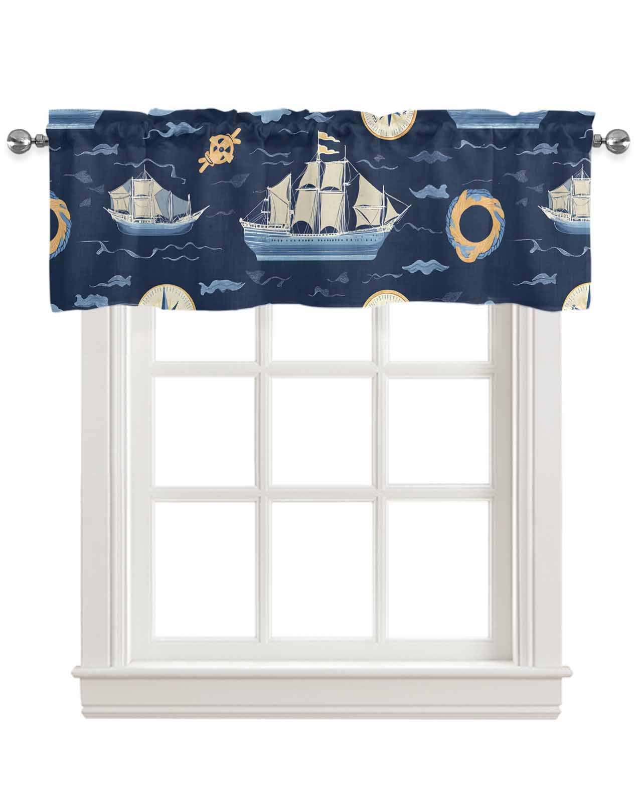 Navy Blue Boat Coastal Kitchen Valances for Windows Farmhouse Linen ...