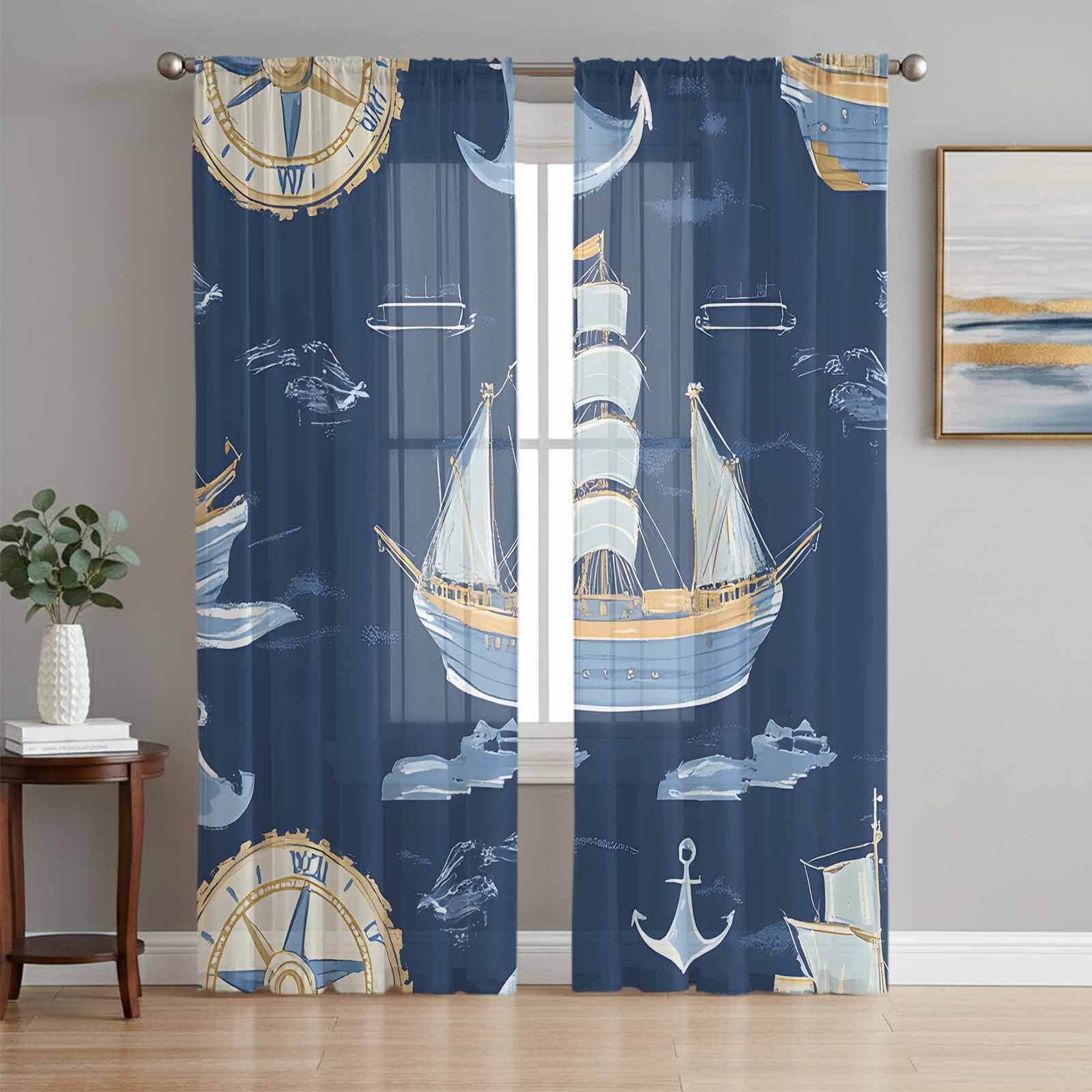 Navy Blue Boat Coastal Sheer Curtains 84 Inch Length 2 Panels Set ...
