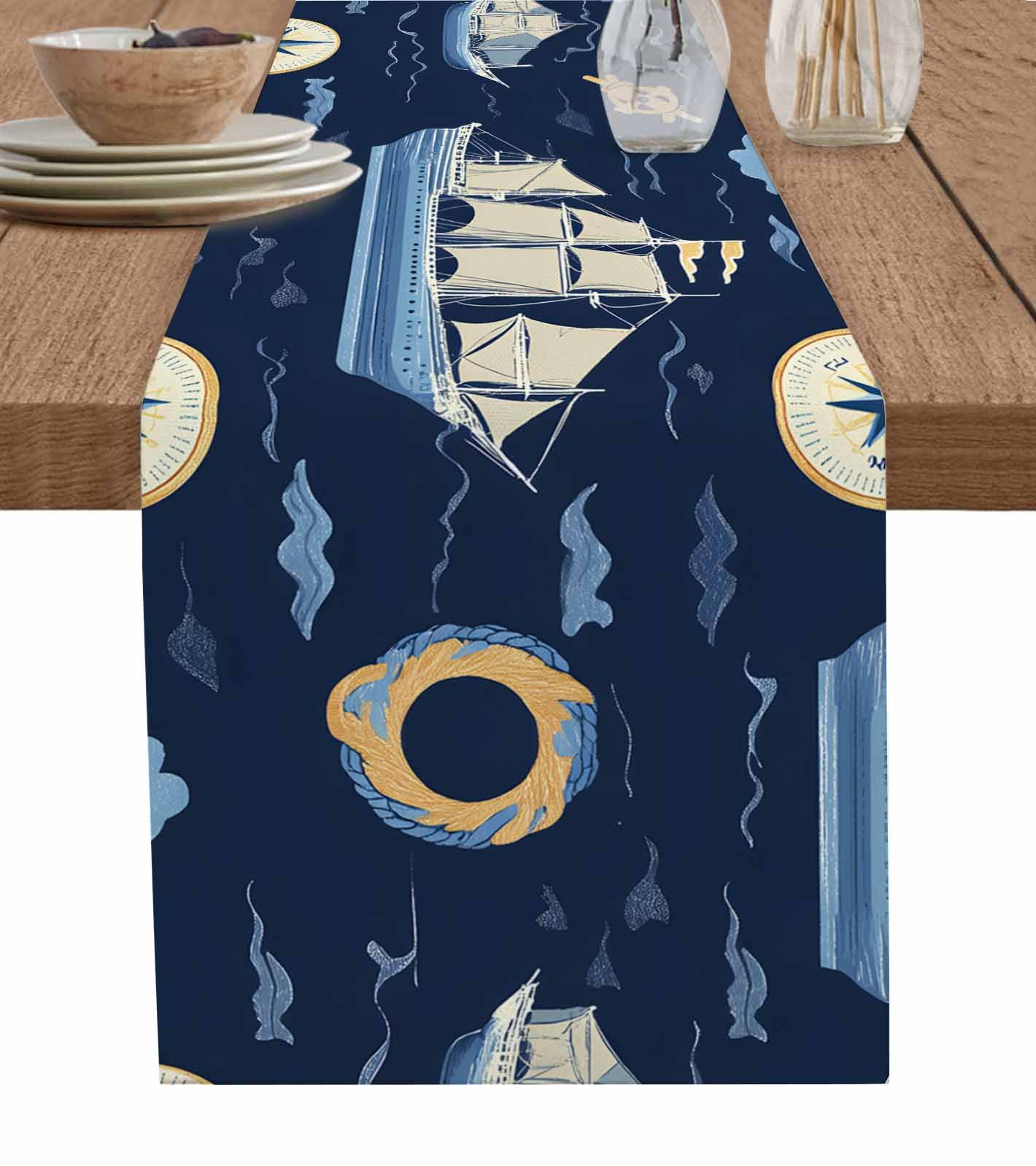 Navy Blue Boat Coastal Table Runner 72 Inches, Summer Sea Beach Ocean ...