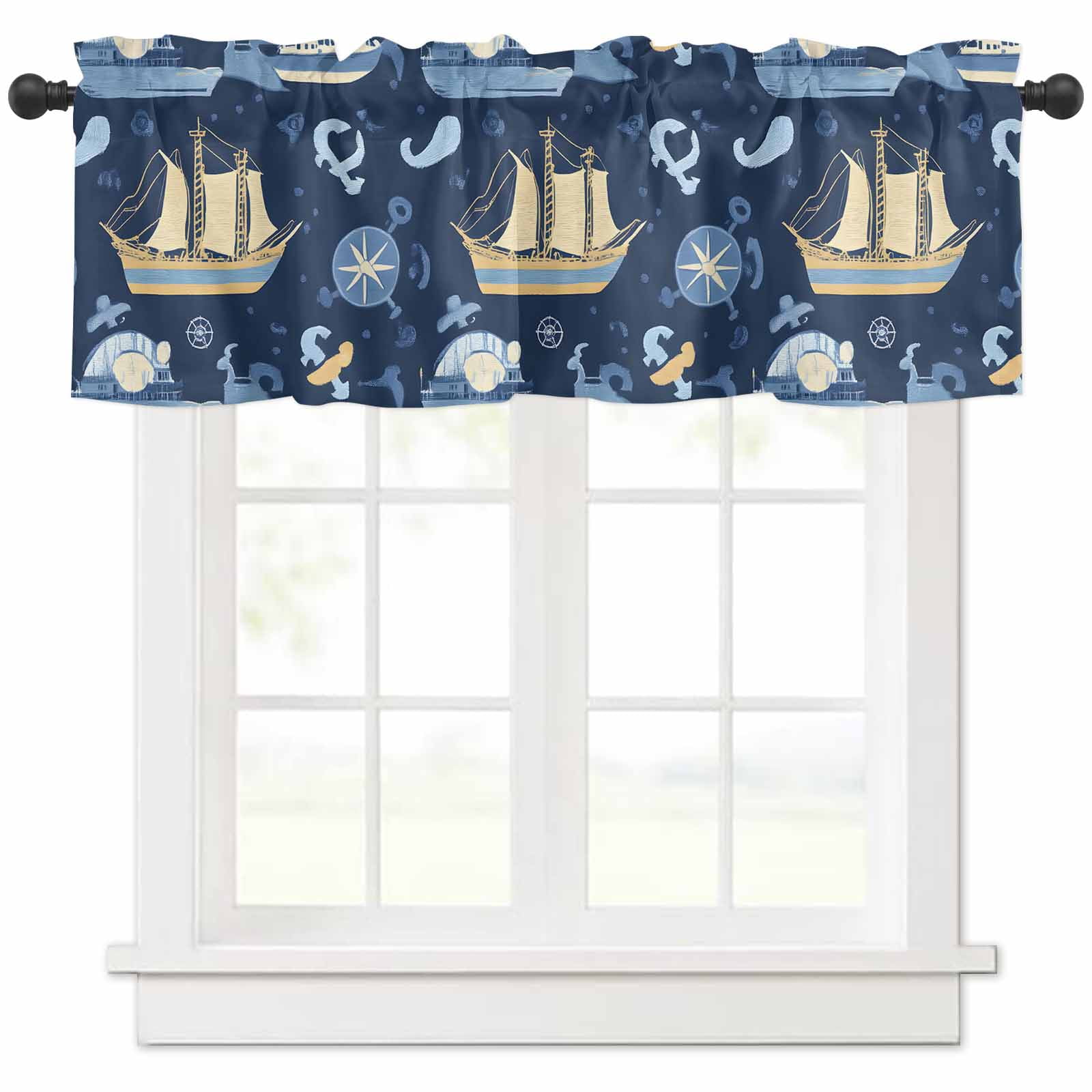 Navy Blue Boat Coastal Valances for Windows Farmhouse Kitchen Curtains ...