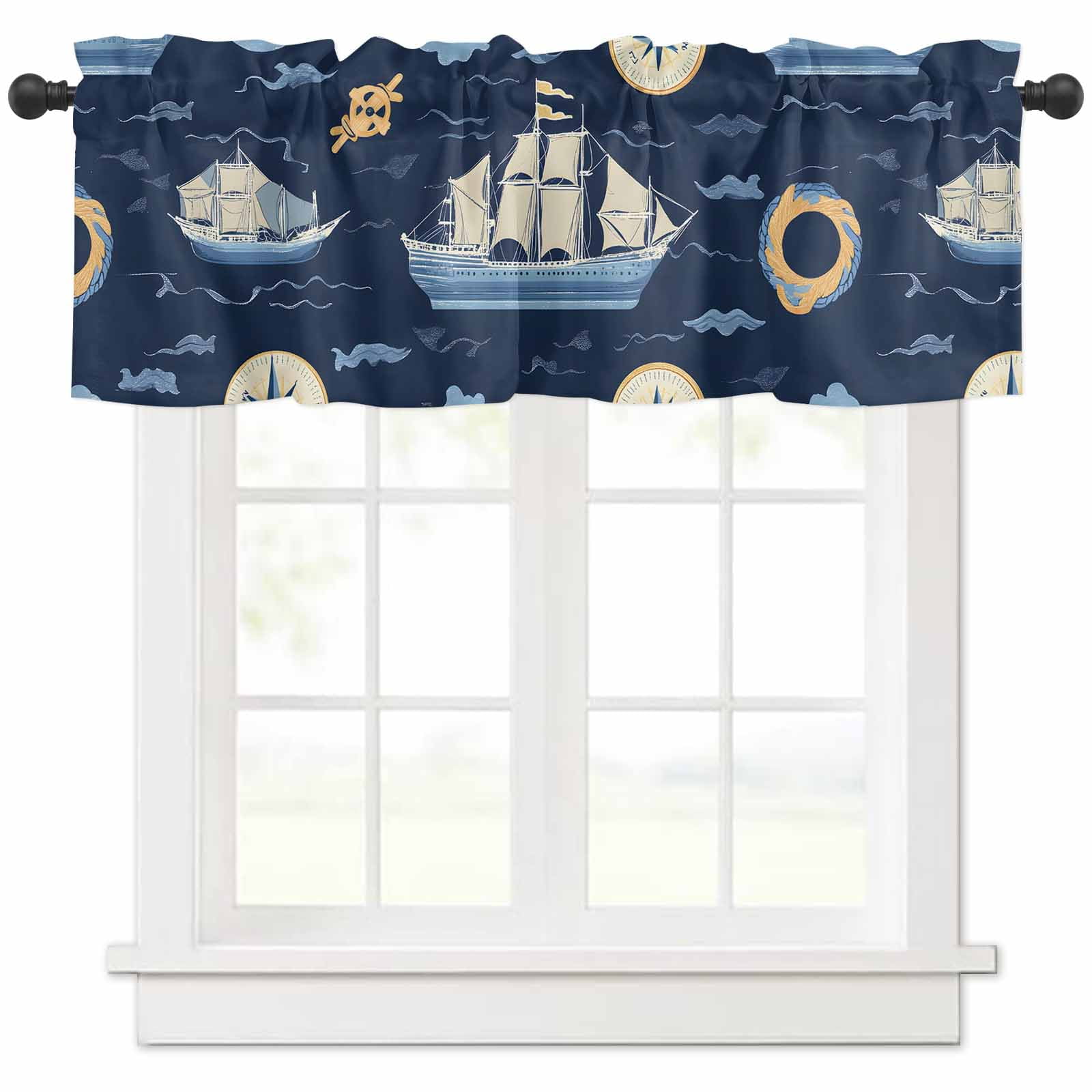 Navy Blue Boat Coastal Valances for Windows Farmhouse Kitchen Curtains ...
