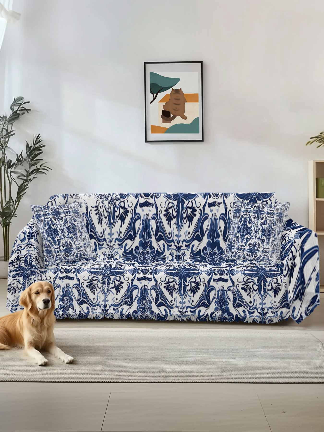 Navy Blue Boho Couch Cover for 2 Cushion Sofa, Ehtnic Abstract Art ...