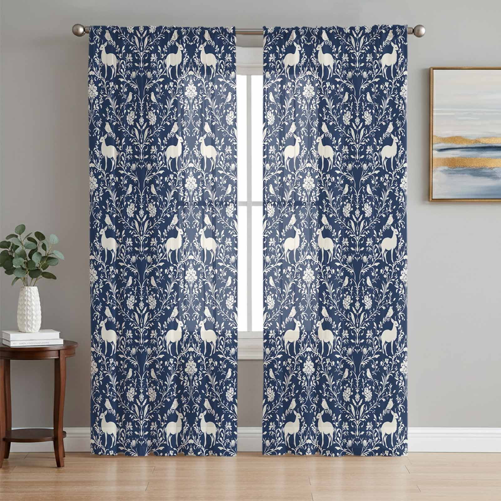 Navy Blue Boho Elk Semi Sheer Curtains 63 Inch Length 2 Panels Set ...