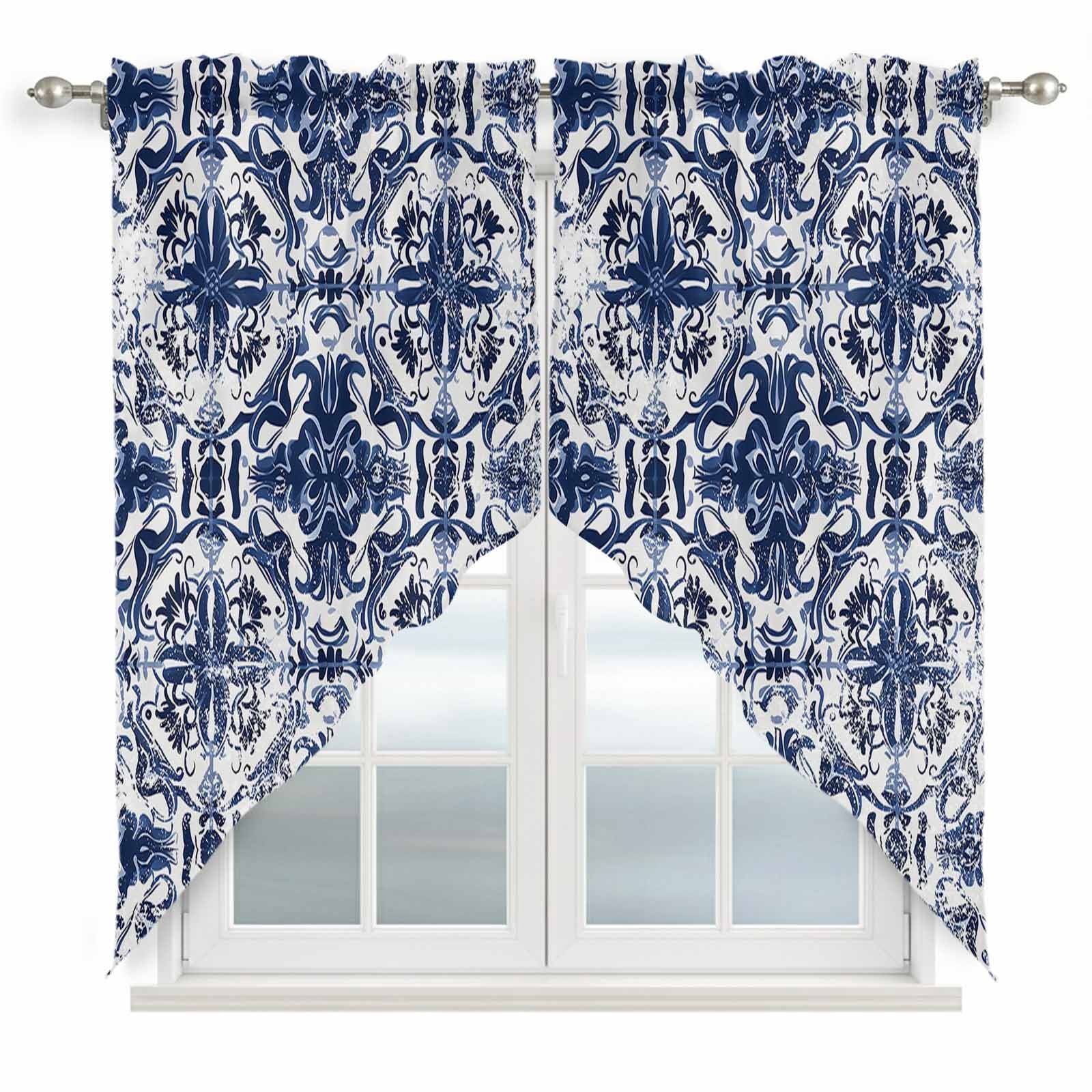 Navy Blue Boho Kitchen Window Curtains, Swag Curtains Valance for ...